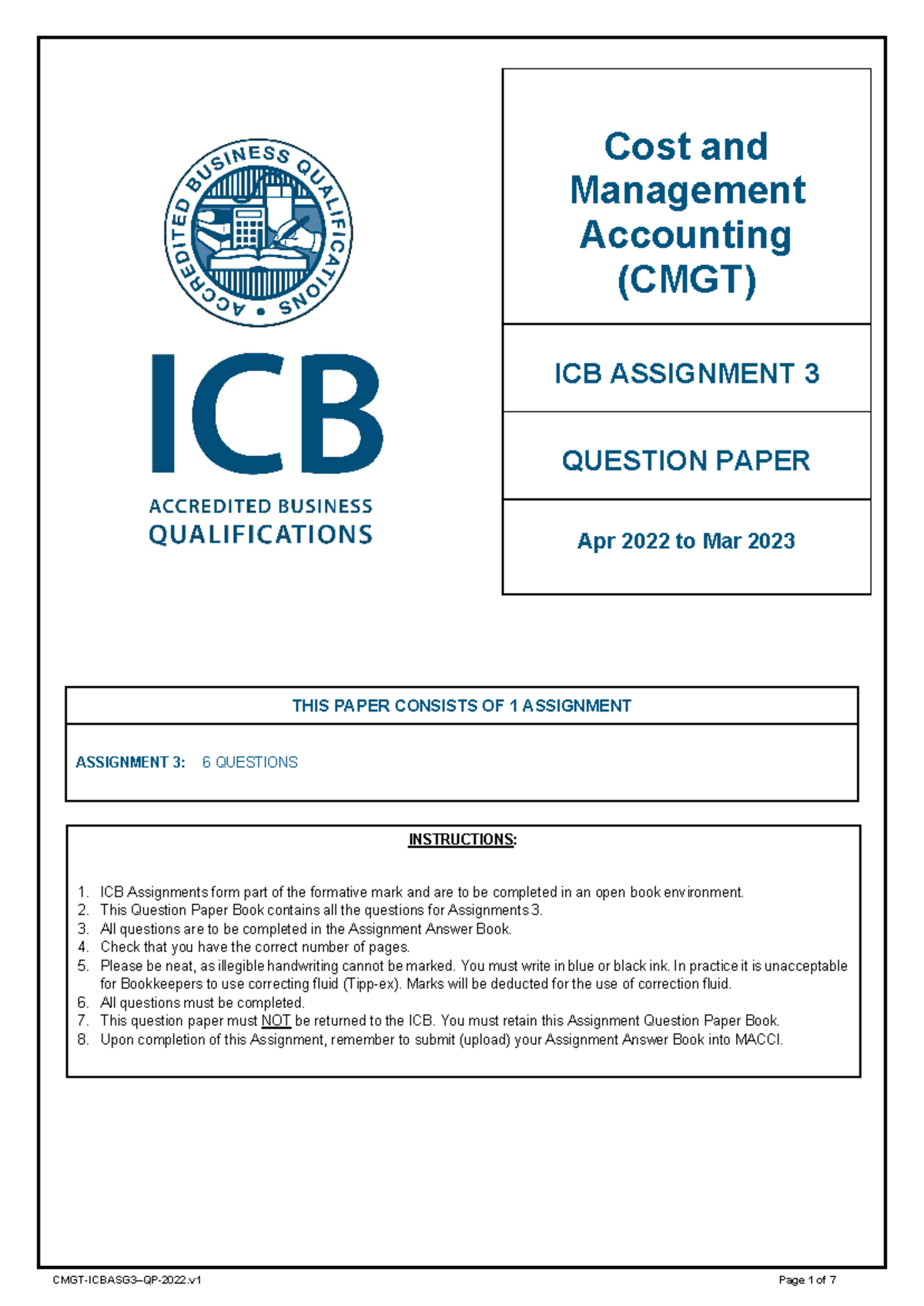 ASSIGNMENT 3 COST AND MANAGEMENT QUESTION COST AND BOOKLET ICB YEAR ...