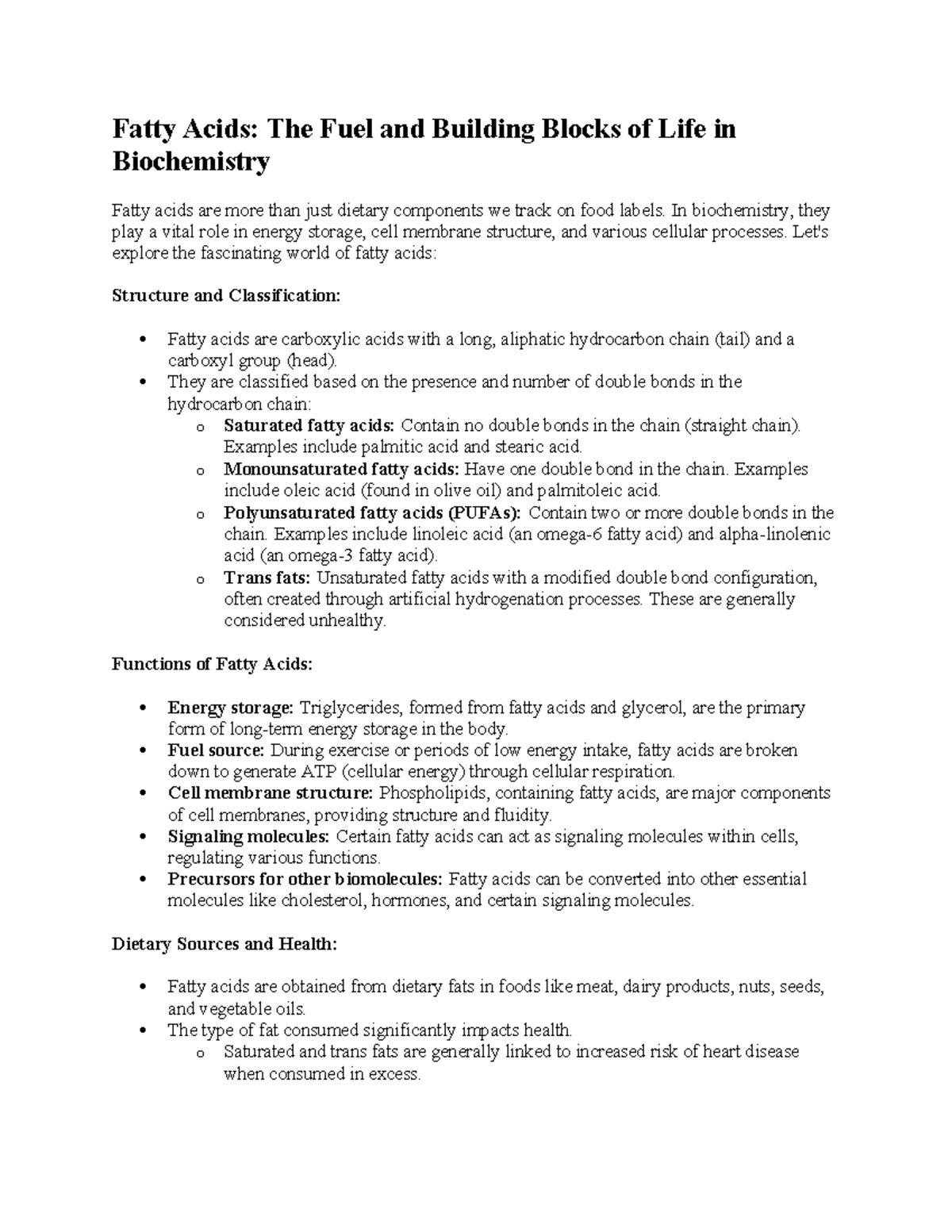 Fatty Acids - In biochemistry, they play a vital role in energy storage ...