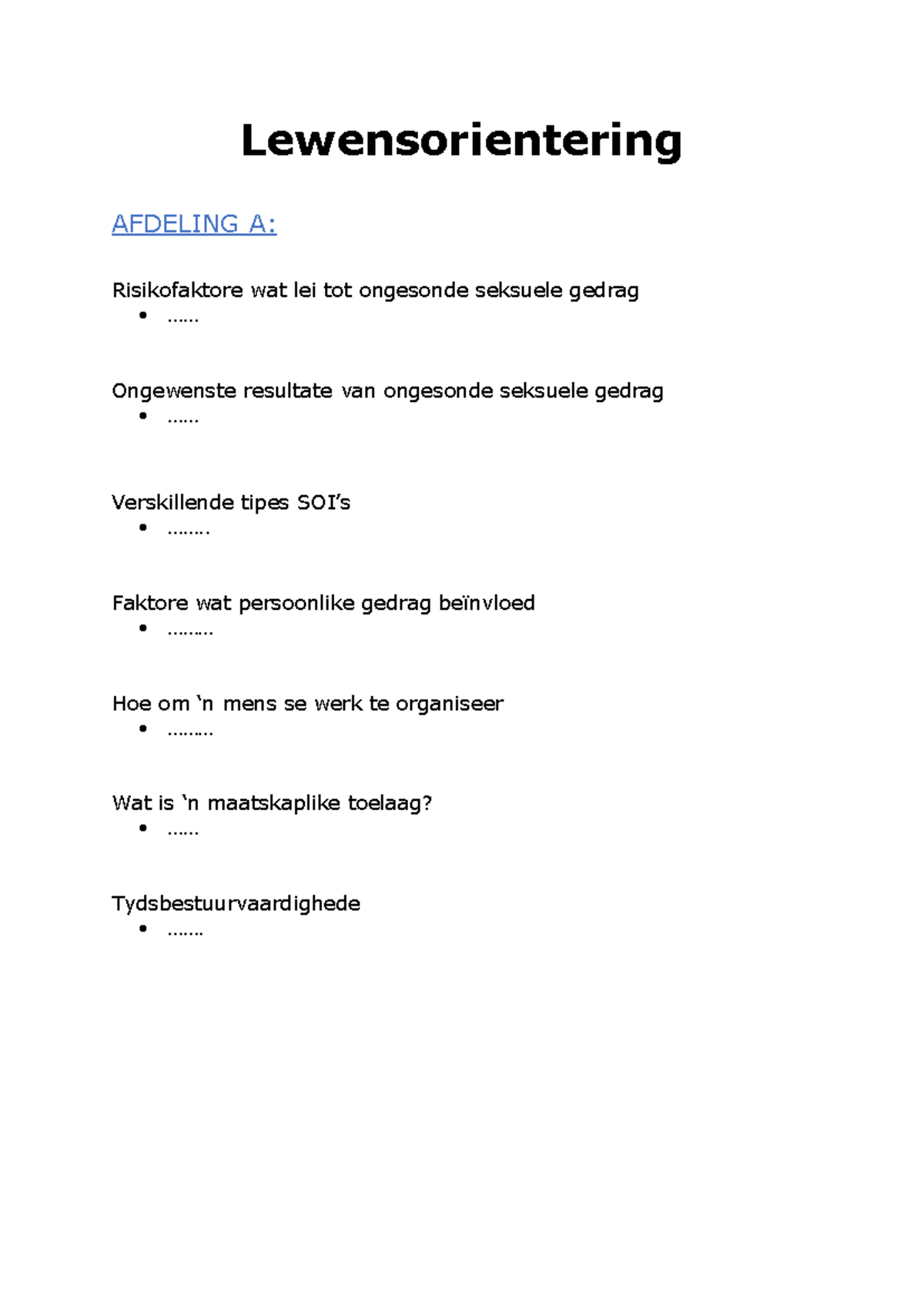 Lewensorientering - Lewensorientering AFDELING A: Risikofaktore wat lei ...