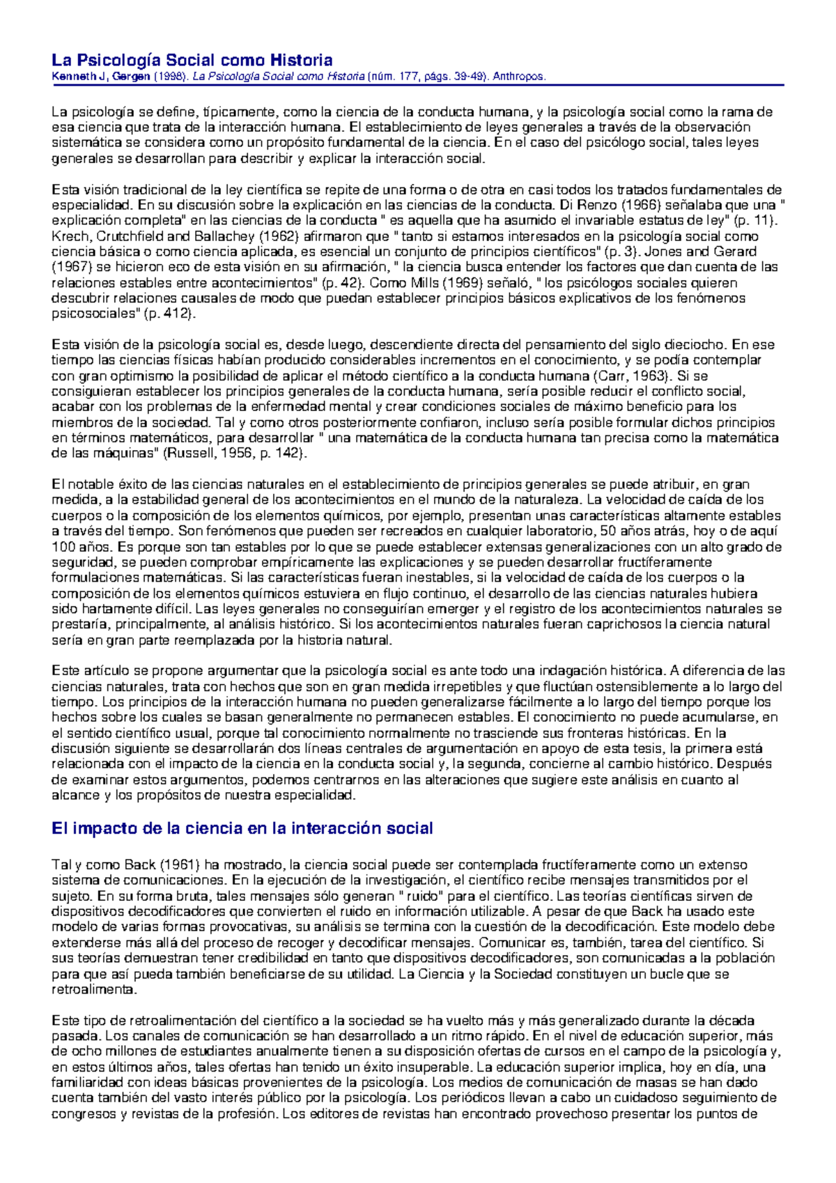 Gergen Psicología social como historia - La Psicología Social como ...