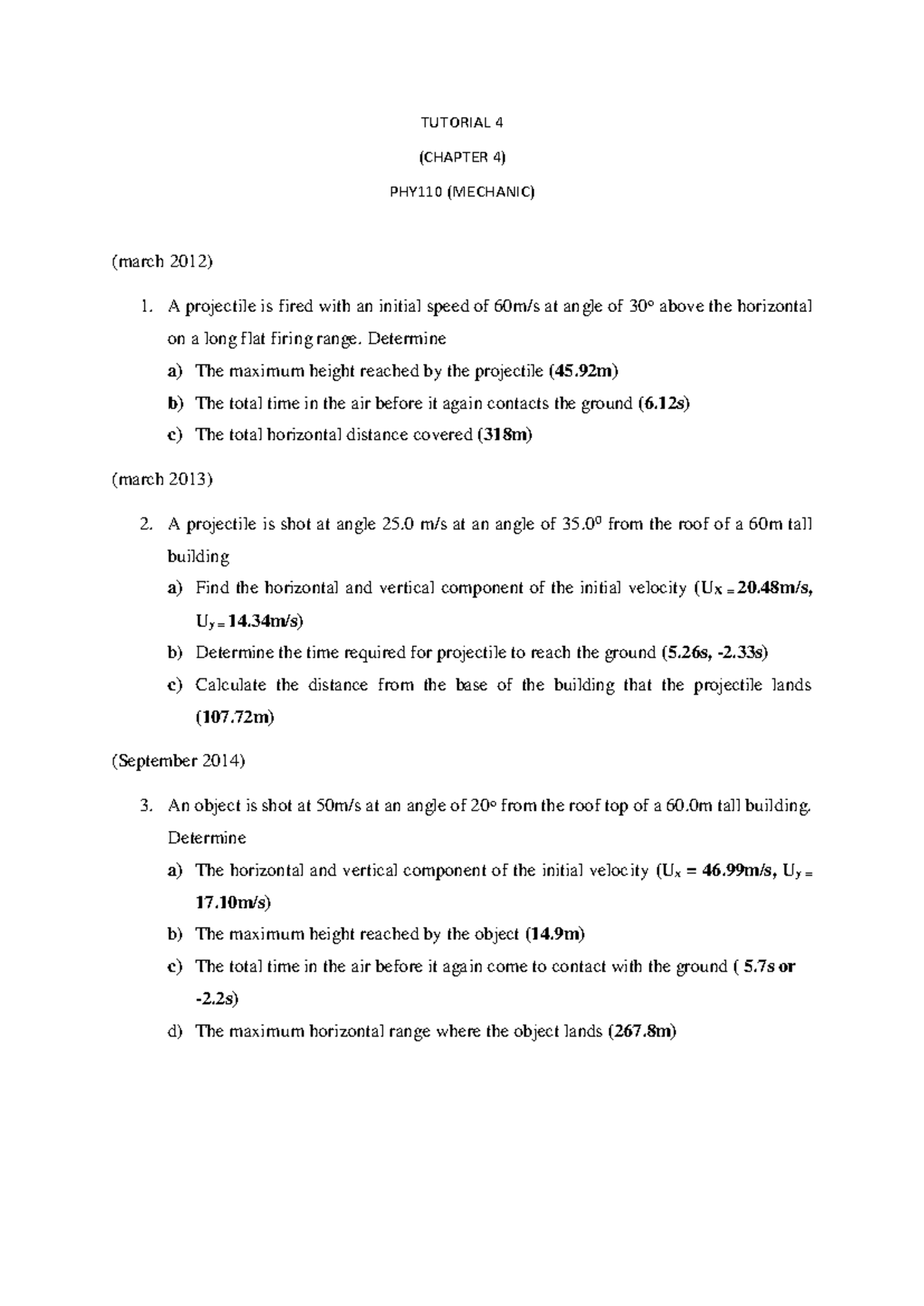 PHY 110 Tutorial 4 - PHY 110 - TUTORIAL 4 (CHAPTER 4) PHY110 (MECHANIC) (march 2012) A ...