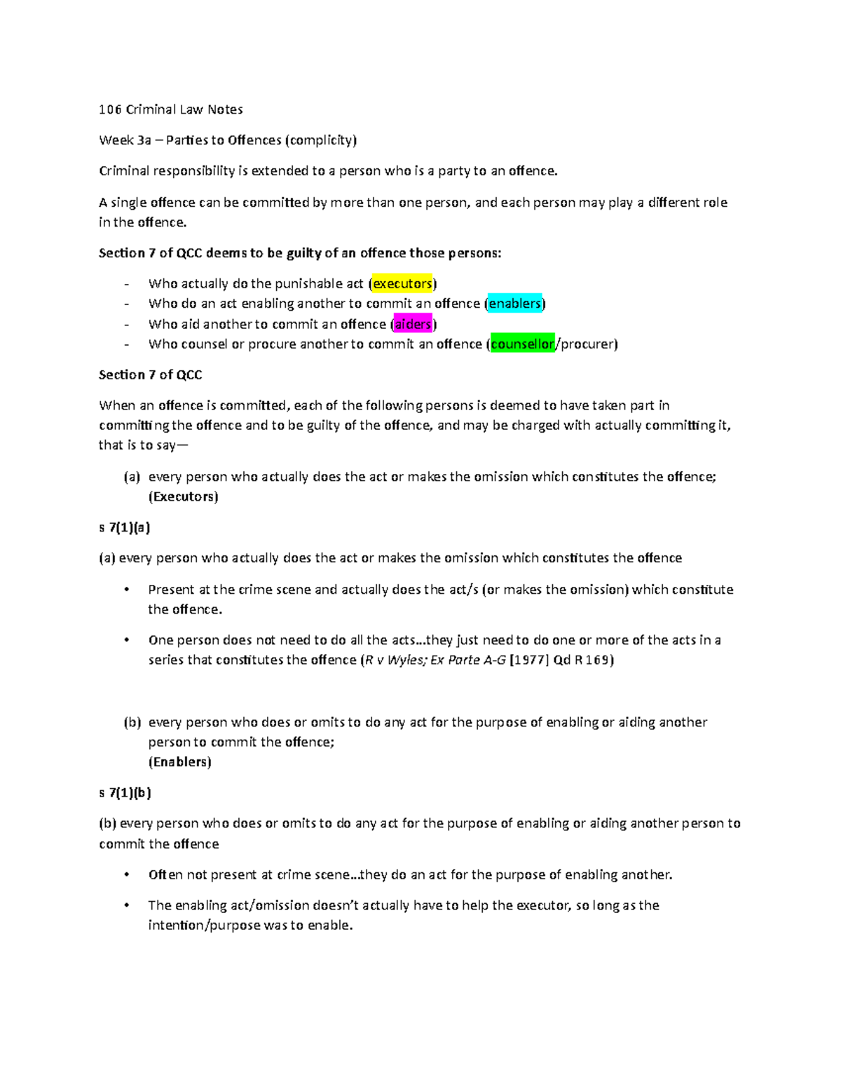 106 Criminal Law Notes - 106 Criminal Law Notes Week 3a – Parties to ...