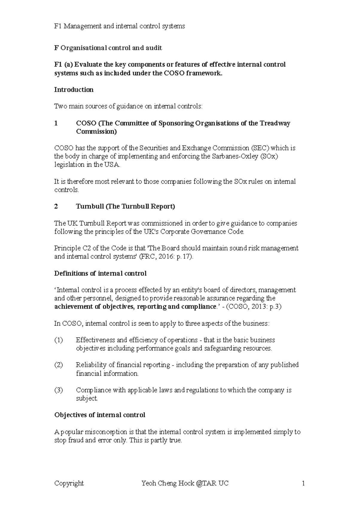 F1 Management and internal control systems - F Organisational control ...