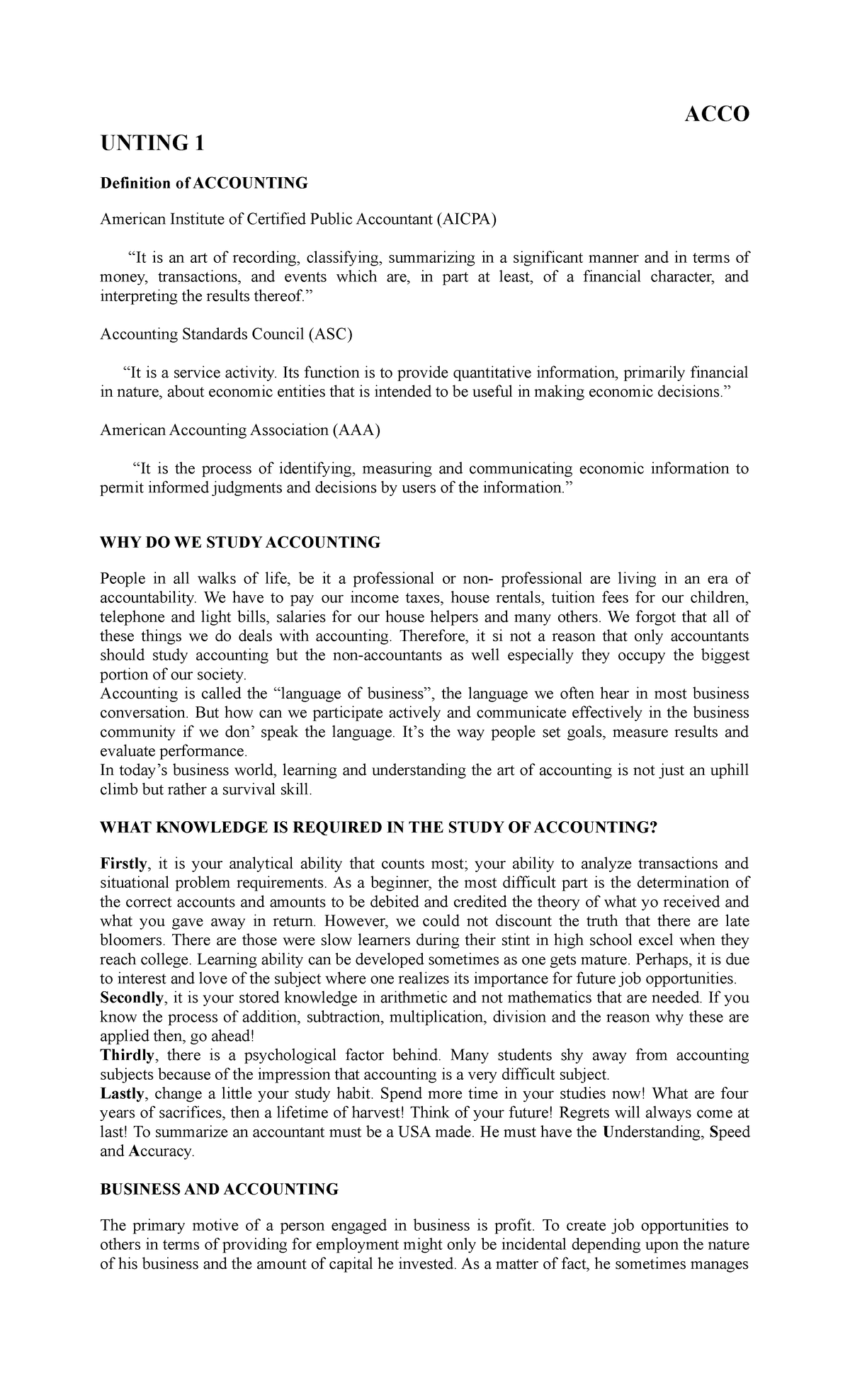 Accounting 1 - ACCO UNTING 1 Definition of ACCOUNTING American ...