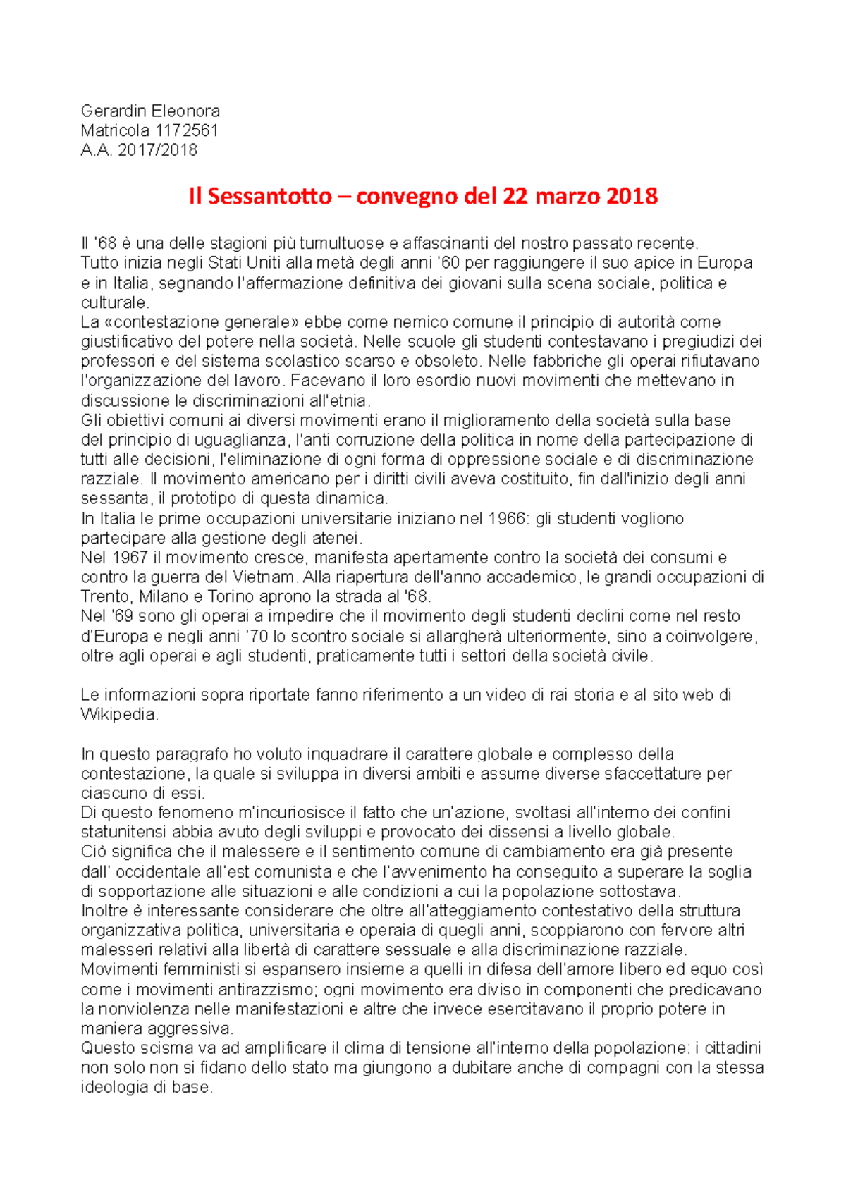Il Sessantotto - Gerardin Eleonora Matricola 1172561 A. 2017/2018 Il ...