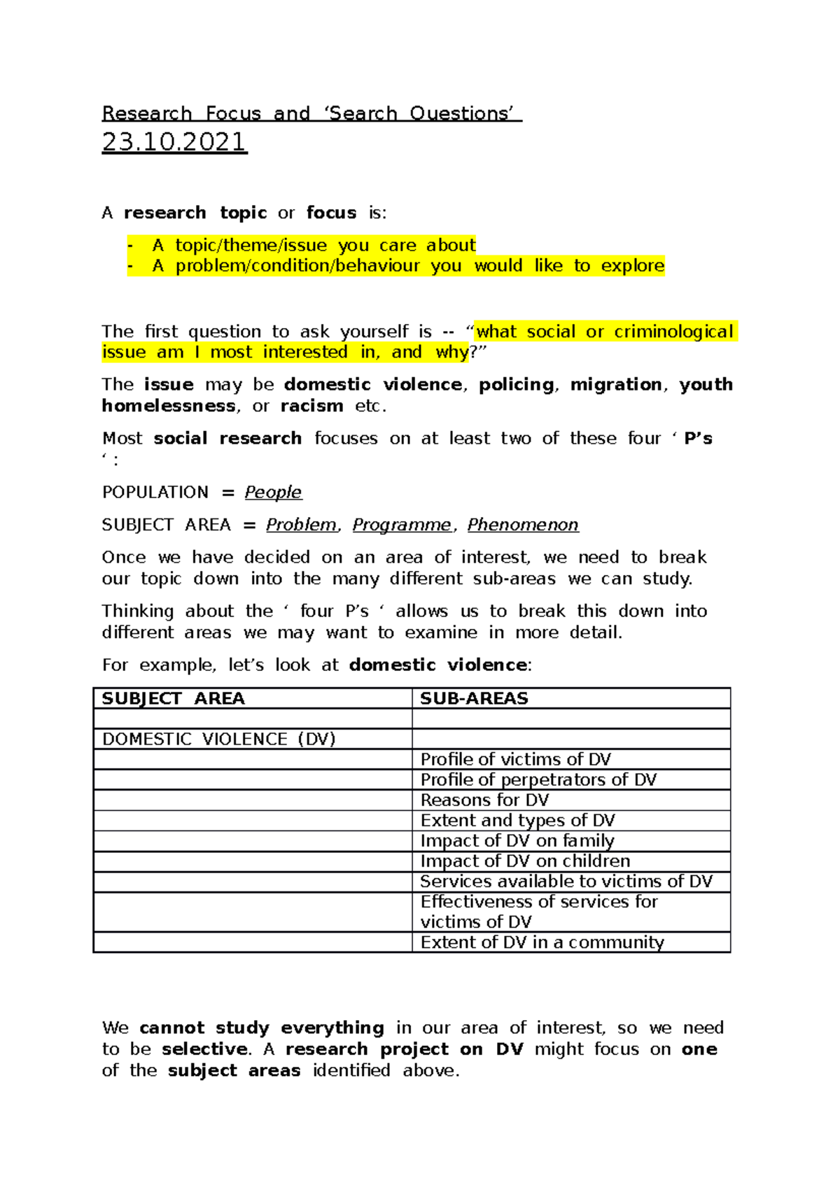 Research Focus and Search Questions - Research Focus and ‘Search ...