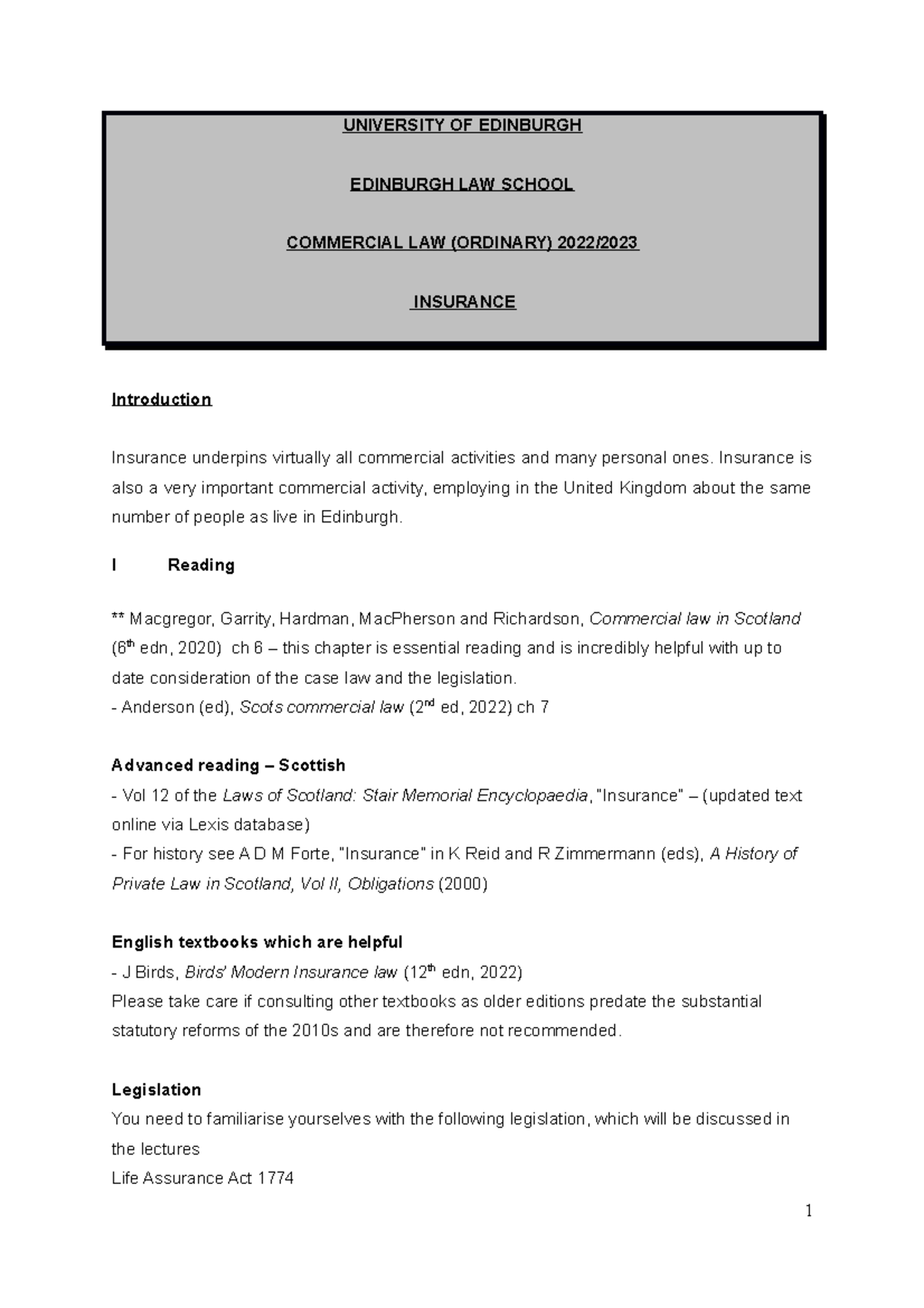 Insurance Law Notes - UNIVERSITY OF EDINBURGH EDINBURGH LAW SCHOOL ...