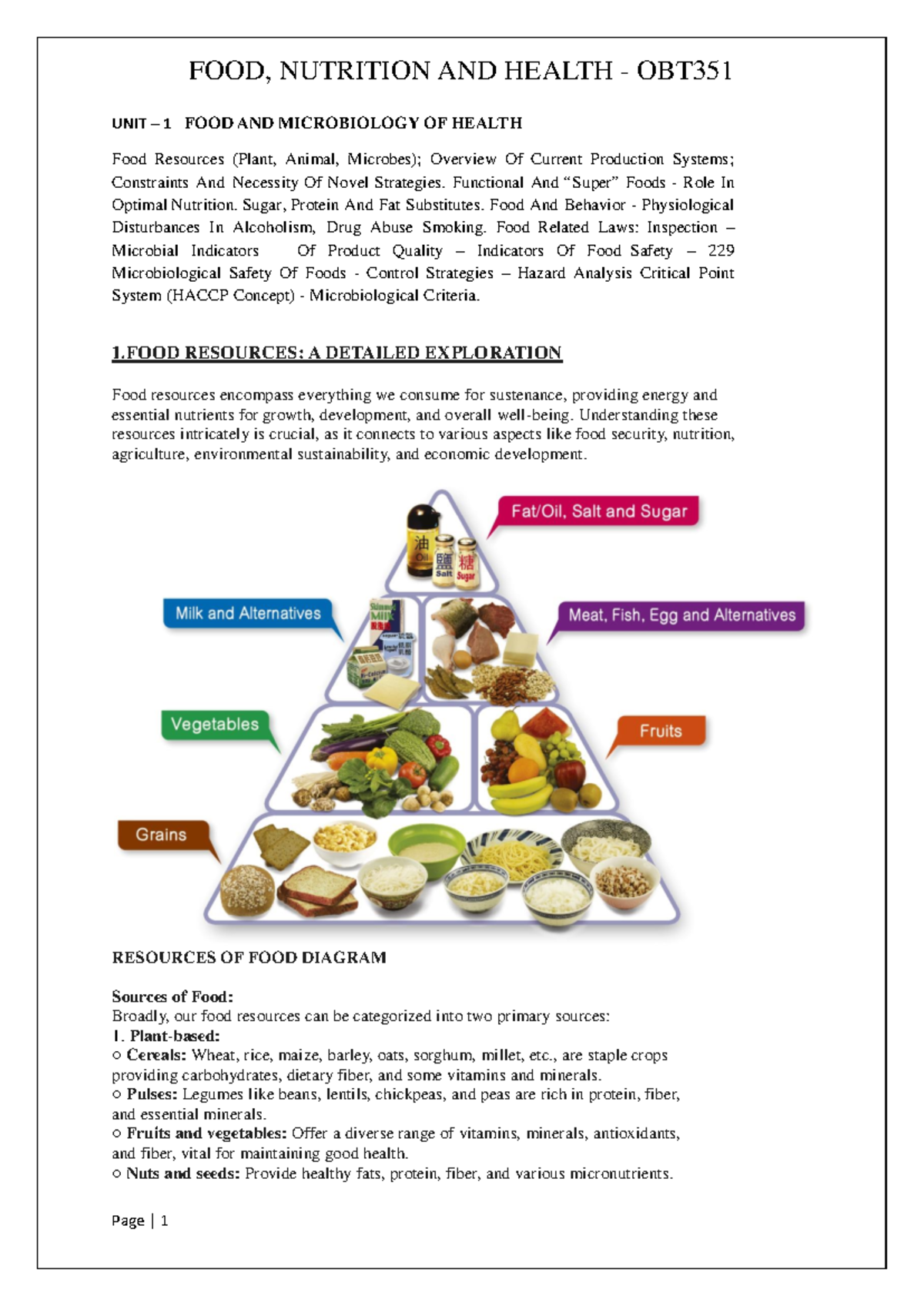 UNIT-1 Notes FNH - good - UNIT – 1 FOOD AND MICROBIOLOGY OF HEALTH Food ...