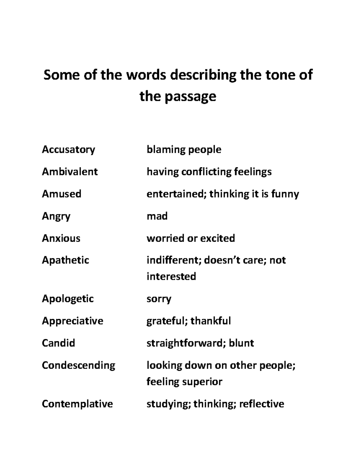 Tones of Passage - Some of the words describing the tone of the passage ...