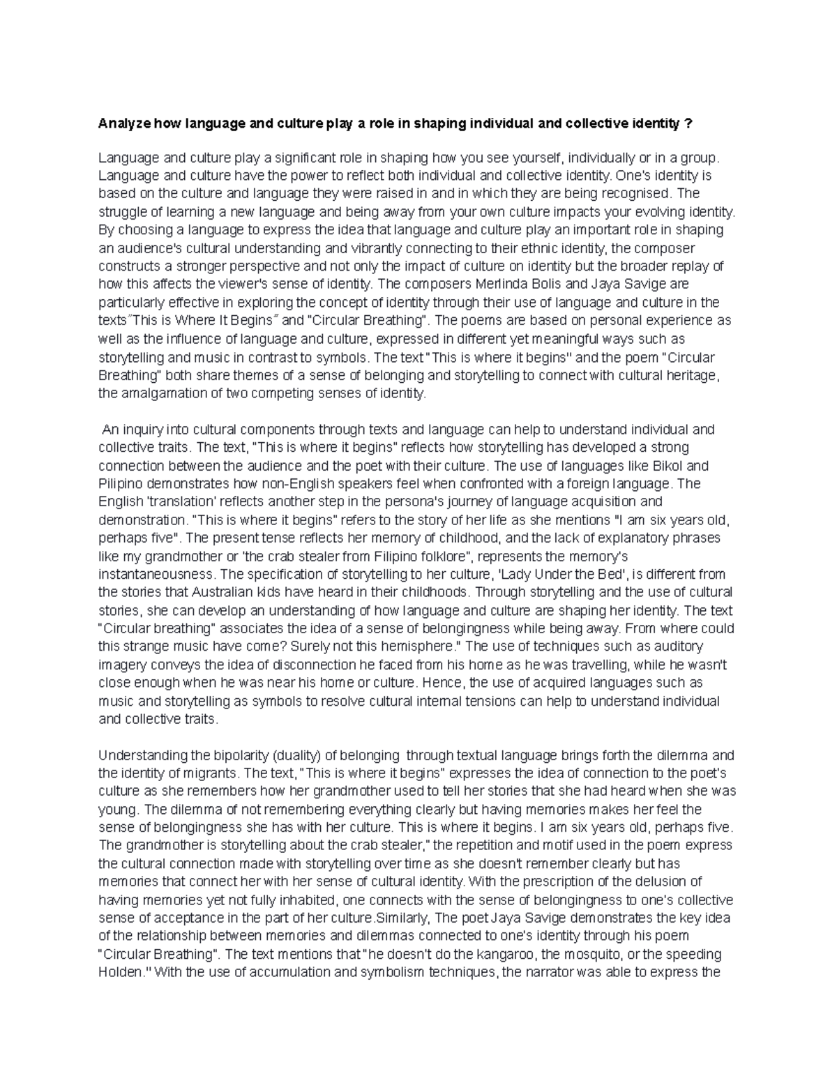 Untitled document - notes - Analyze how language and culture play a ...