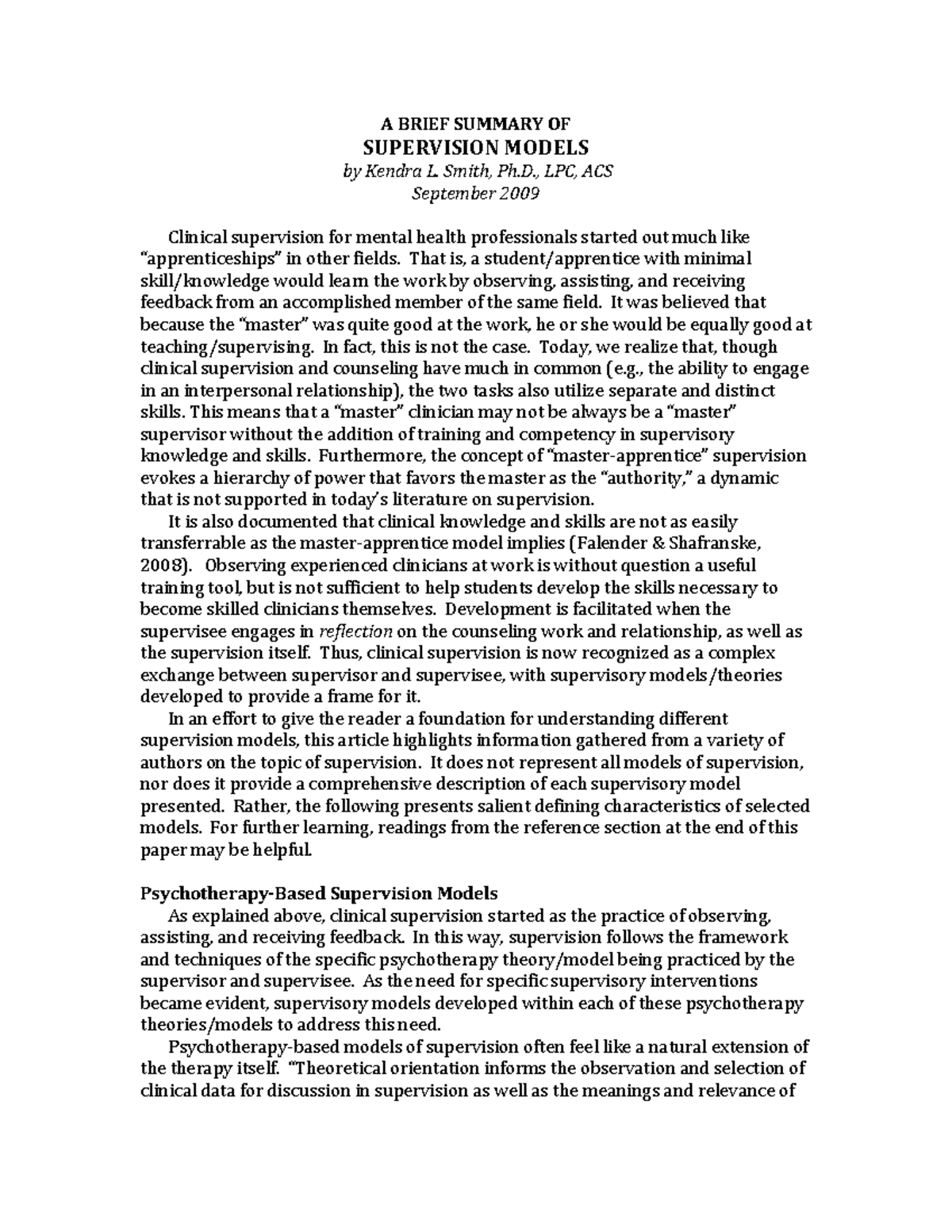 A Brief Summary Of Supervision Models 2ce7b1 A BRIEF SUMMARY OF