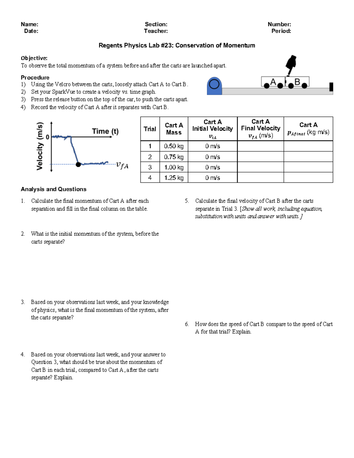 Regents Physics Lab 23-Momentum Conservation - Name: Section: Number ...