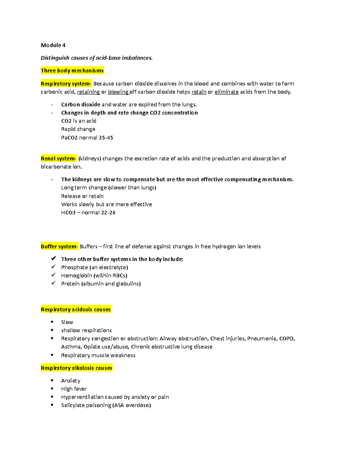 Exam 2 Study guide - Module 4 Distinguish causes of acid-base imbalances. Three body mechanisms ...