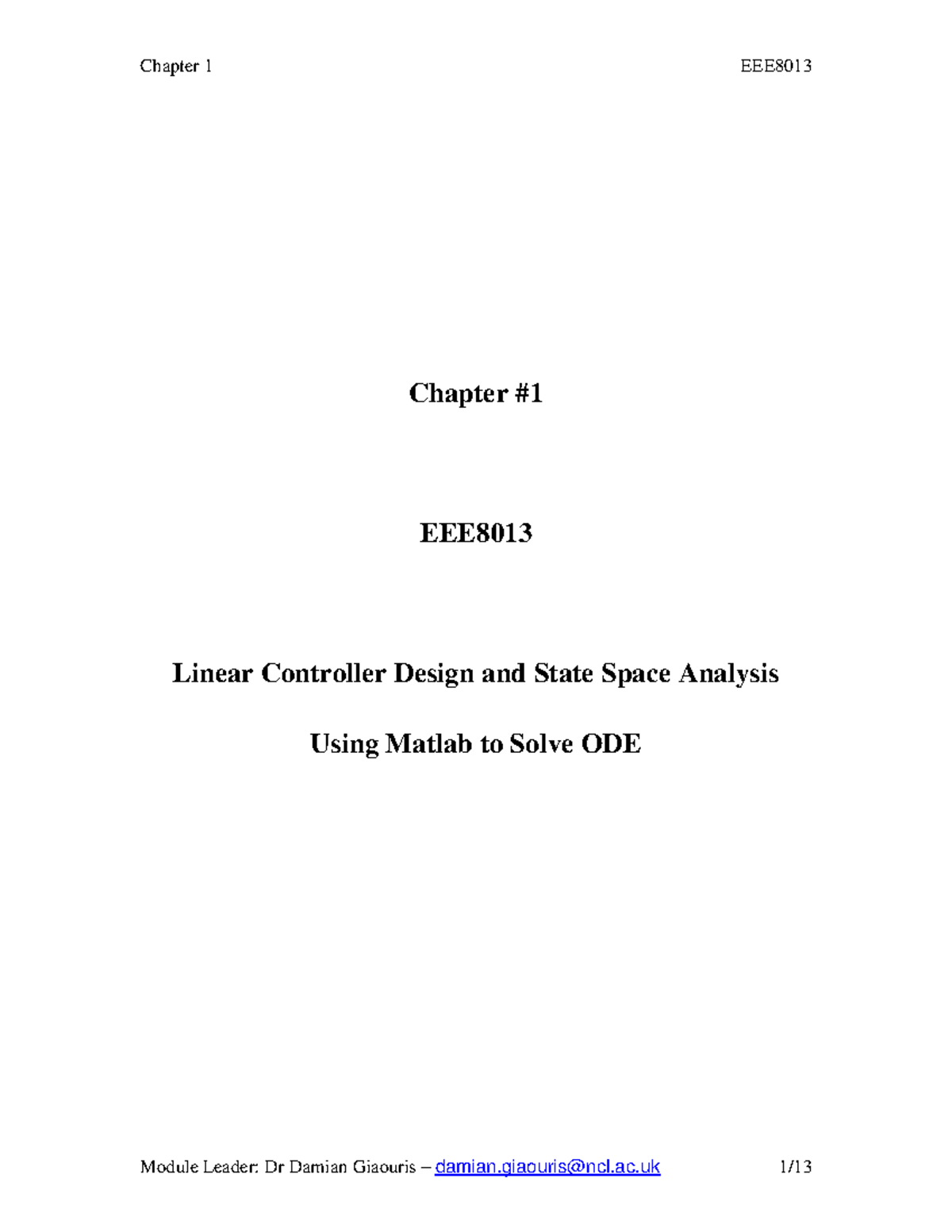 Chapter 1 Using Matlab to Solve ODE - Chapter EEE Linear Controller ...