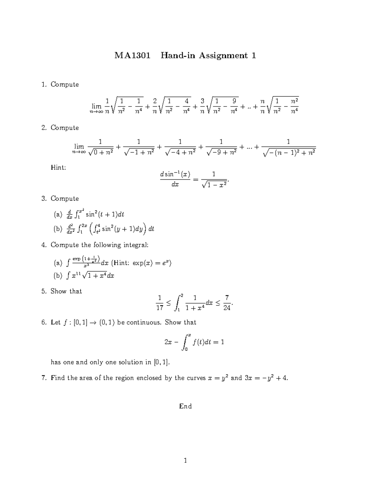 Handin 1 - the hand in of the course - MA1301 Hand-in Assignment 1 ...