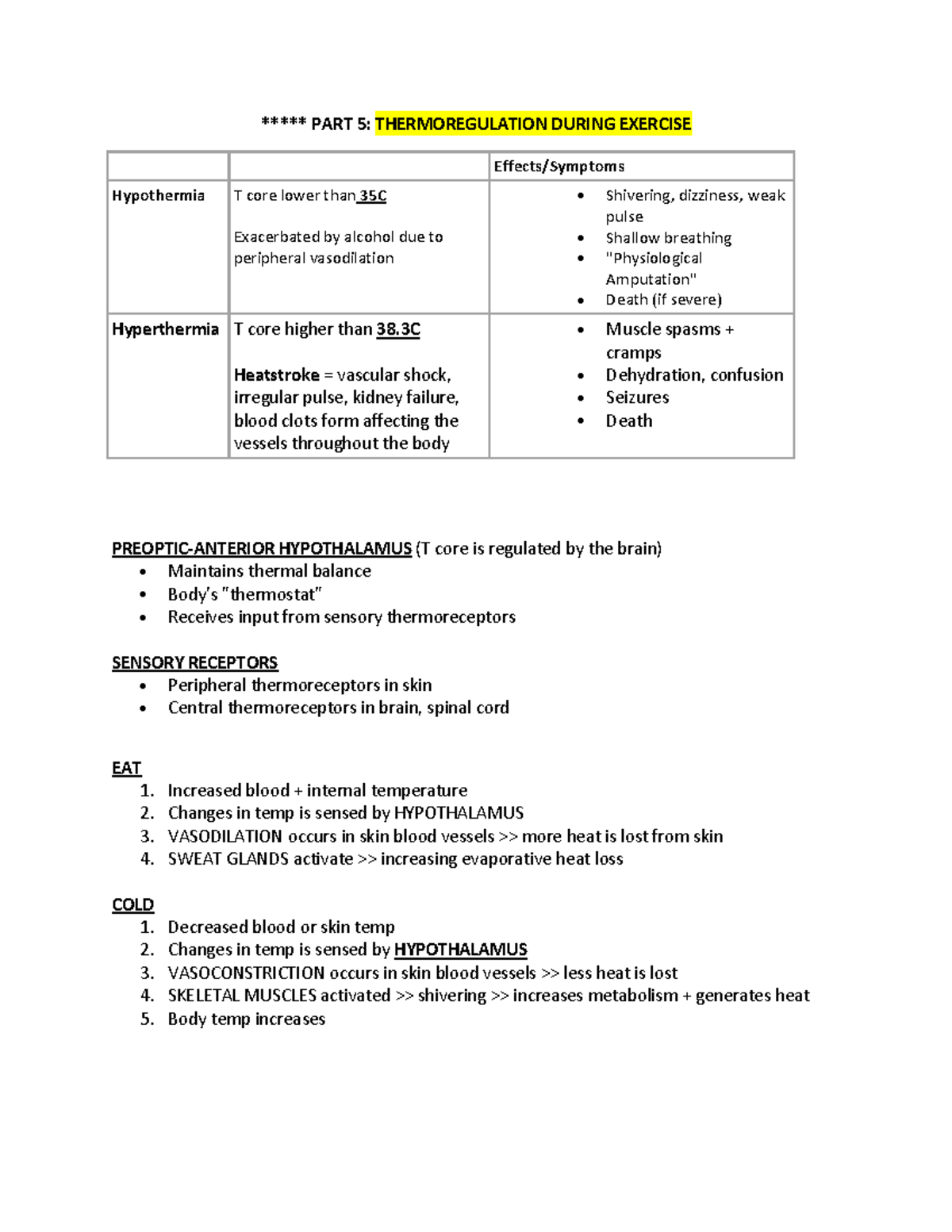 PDF Ex Phys Final Exam Notes - ***** PART 5: THERMOREGULATION DURING ...