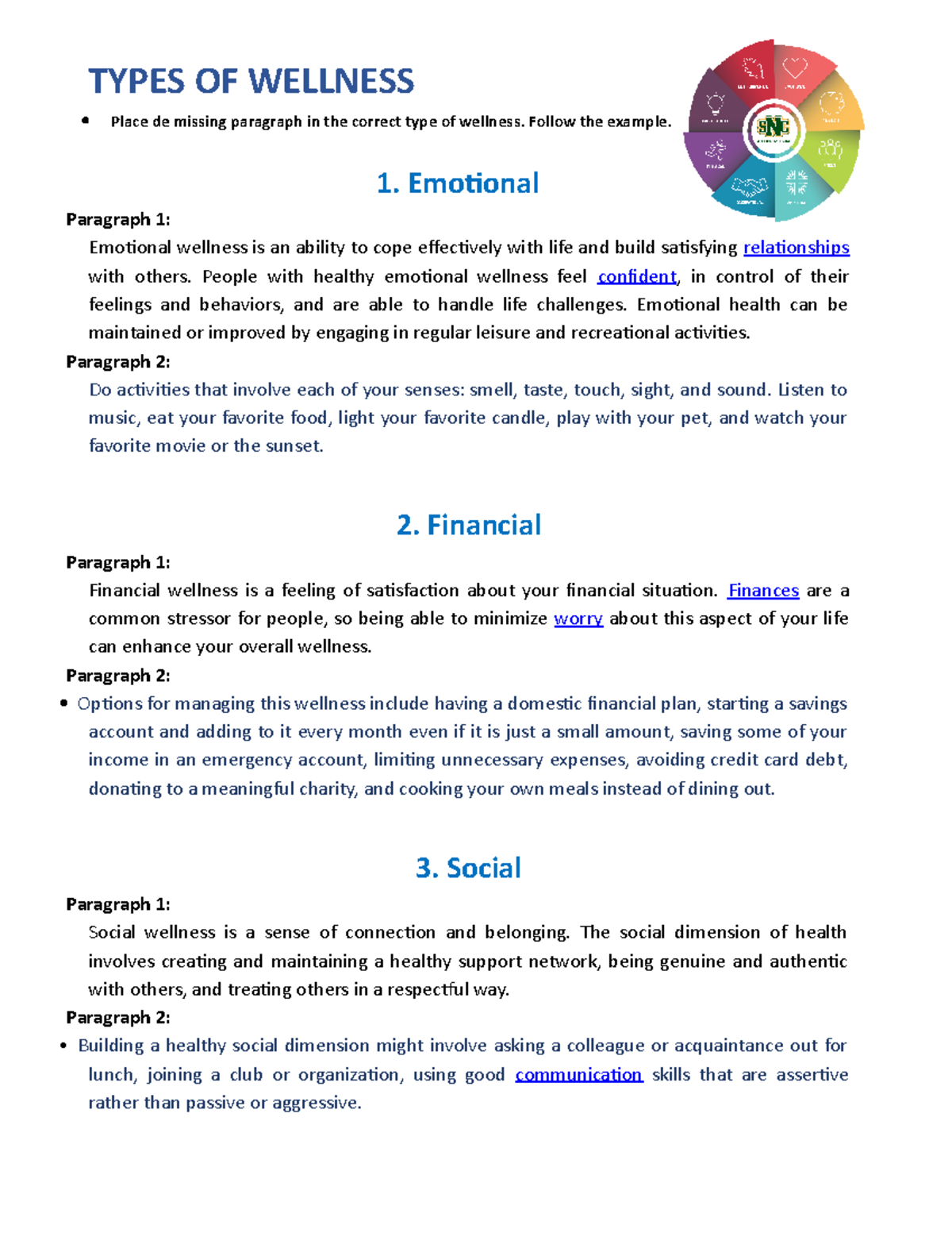 1.- Types of Wellness Handout 2021 - TYPES OF WELLNESS Place de missing ...