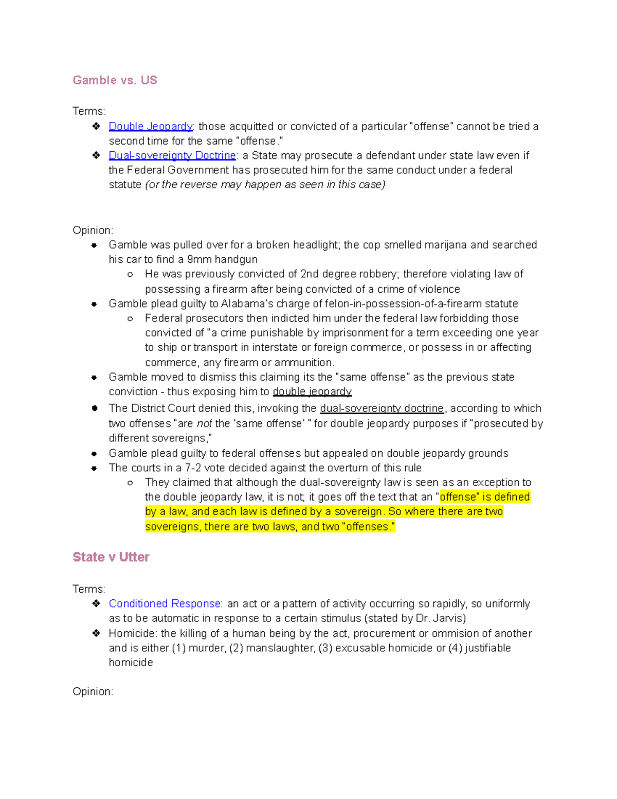 Advanced Criminal Law Cases - Gamble vs. US Terms: Double Jeopardy ...