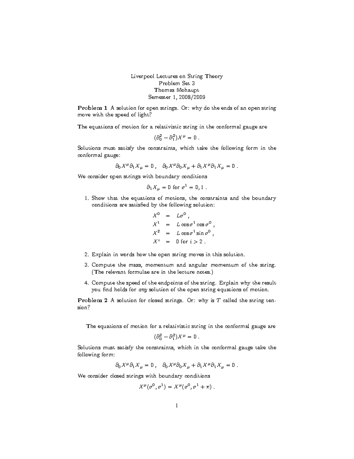 MATH423 2008-2009 Problem Set 3 - Liverpool Lectures on String Theory ...