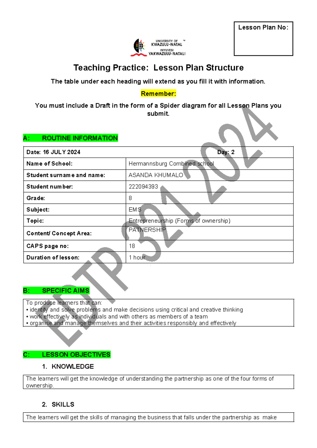Lesson PLAN Template English EDTP 321 2024 - Teaching Practice: Lesson ...
