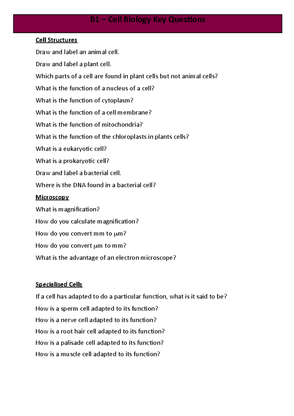 B1 Cell Biology Recall Questions - Cell Structures Draw and label an ...