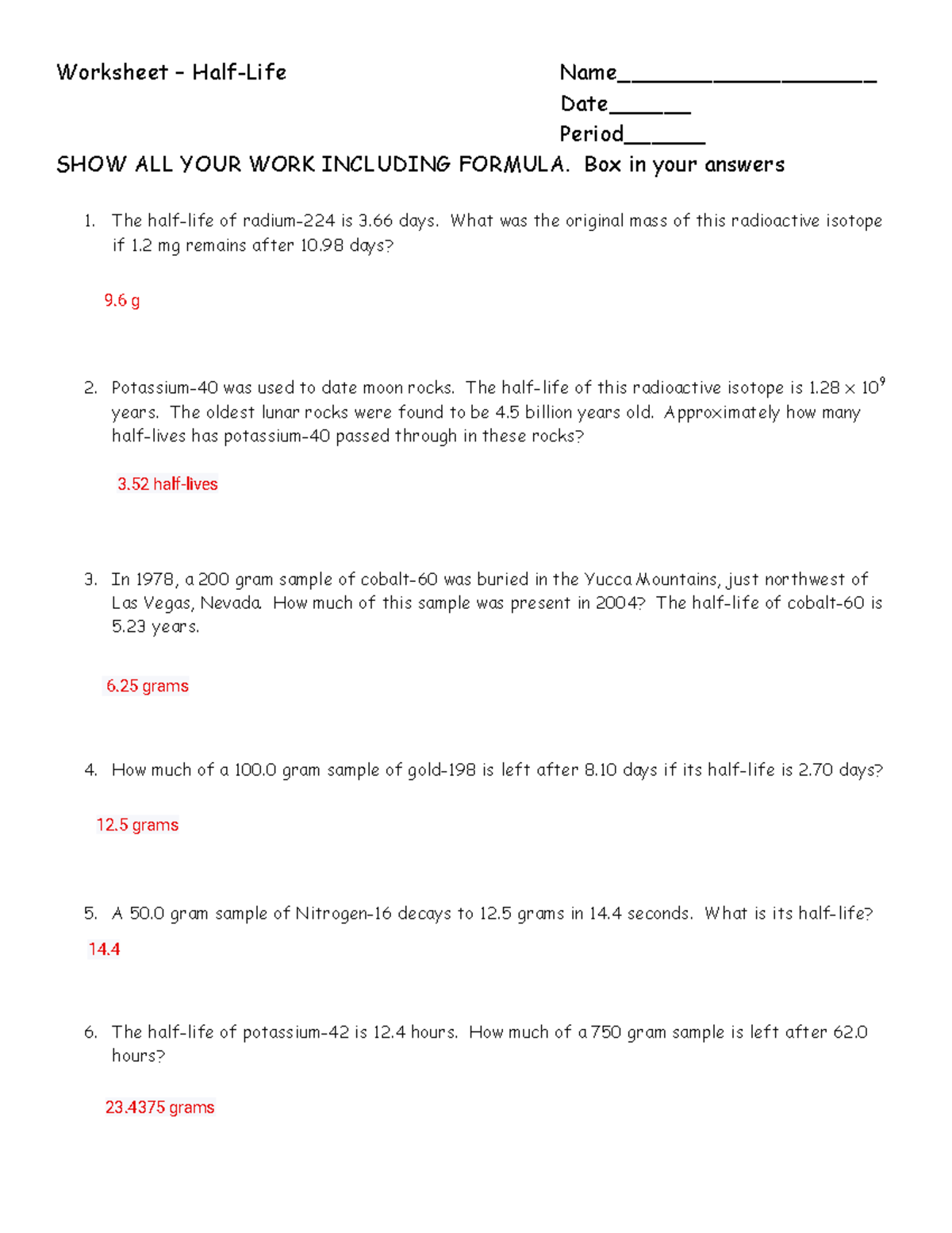 Half live PDF worksheet - Worksheet – Half-Life Name ...
