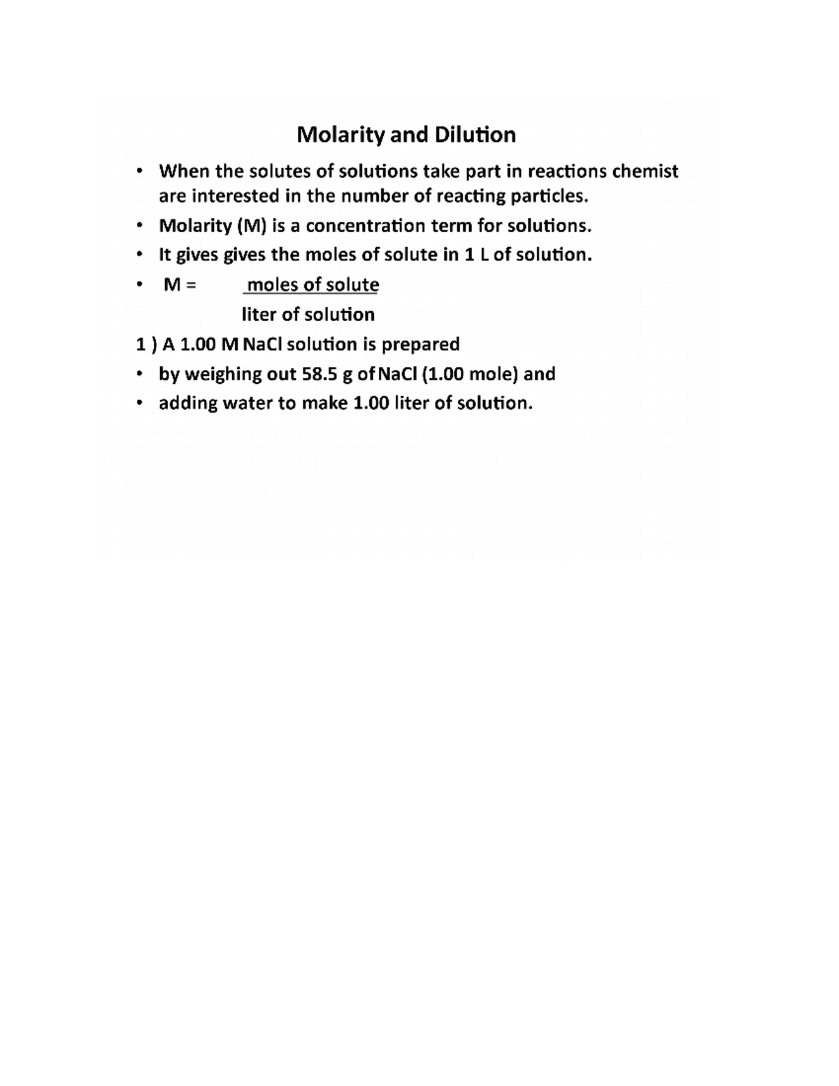 CH.12- Molarity AND Dilution - CHM 1020C - V - Studocu