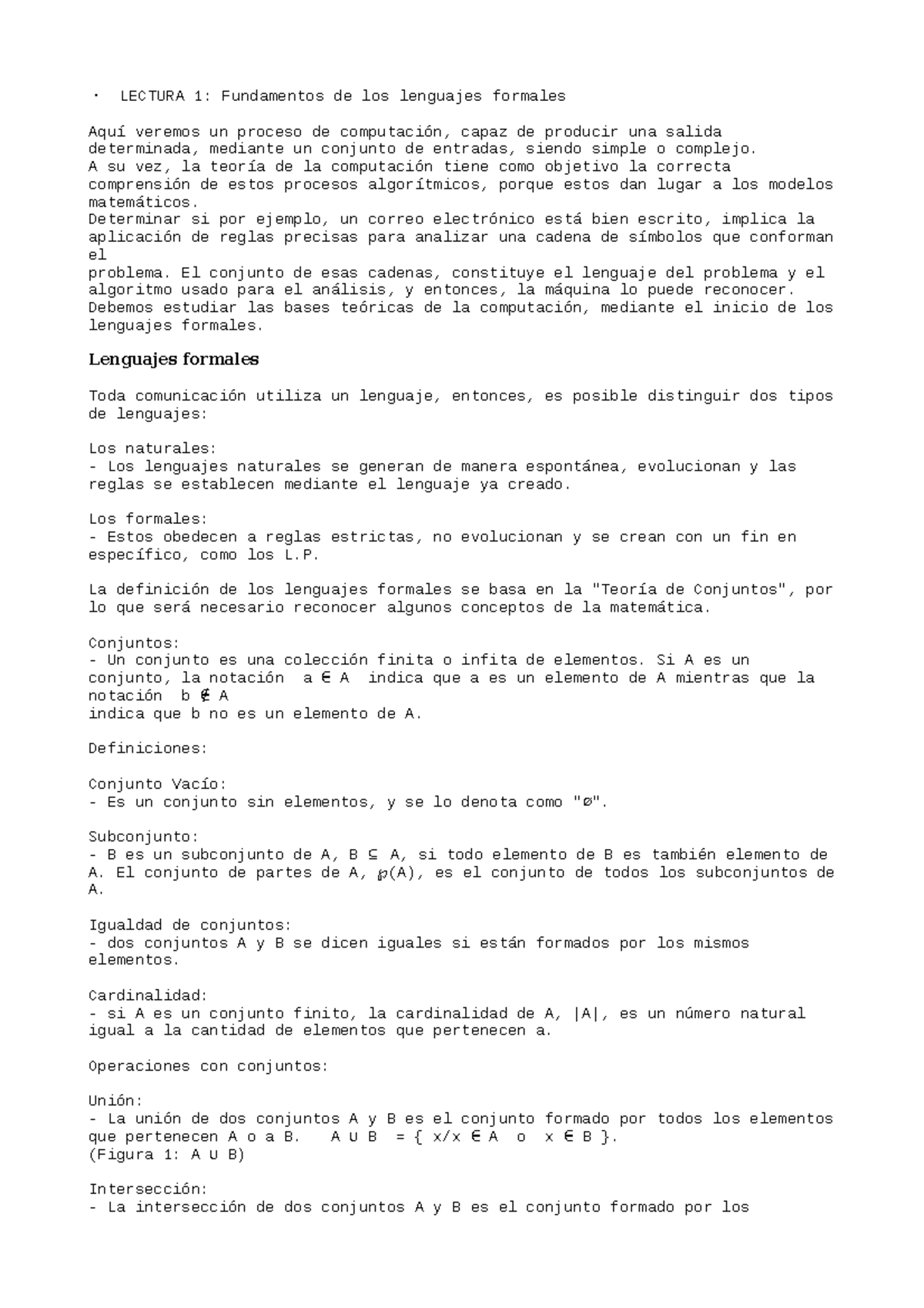 Resúmen M1 Lenguajes Formales - ・ LECTURA 1: Fundamentos de los ...