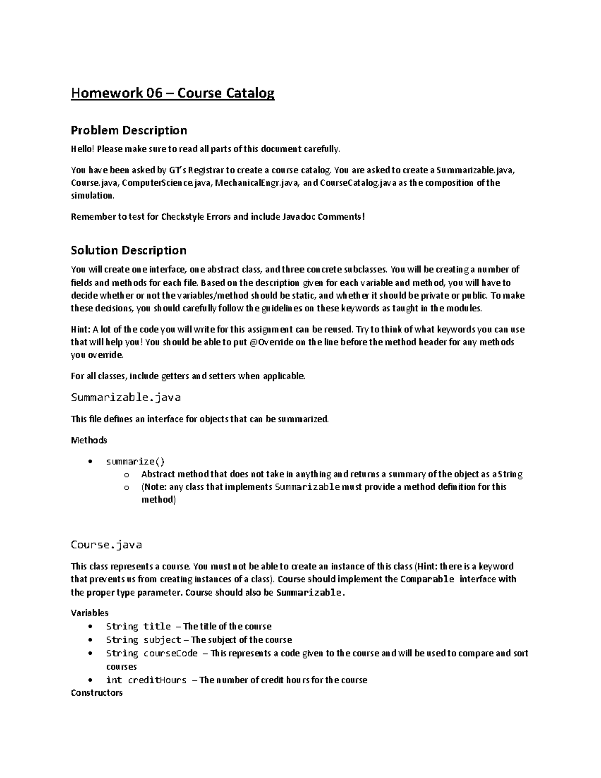 CS 1331 Homework 6 - Homework 06 – Course Catalog Problem Description ...