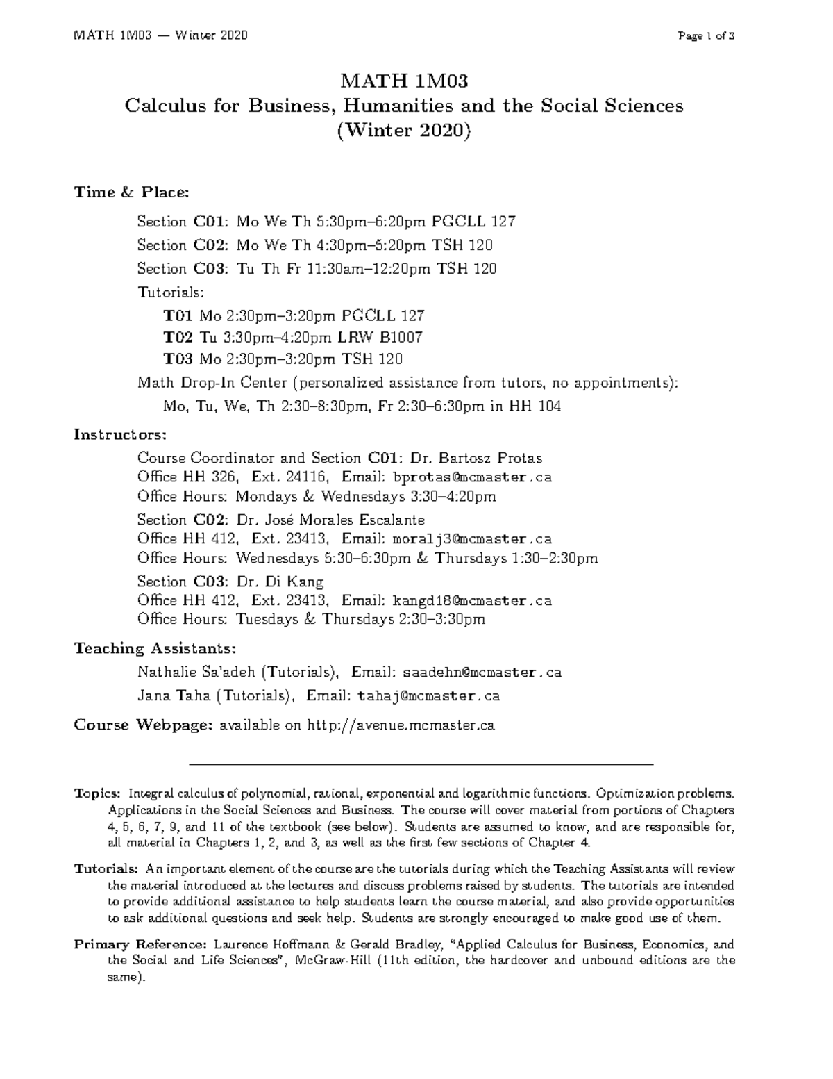 MATH 1M03 Course Outline - MATH 1M03 — Winter 2020 Page 1 of 3 MATH 1M ...