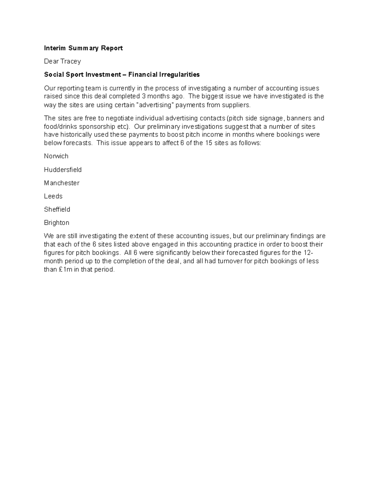 5 interim summary report - Interim Summary Report Dear Tracey Social ...