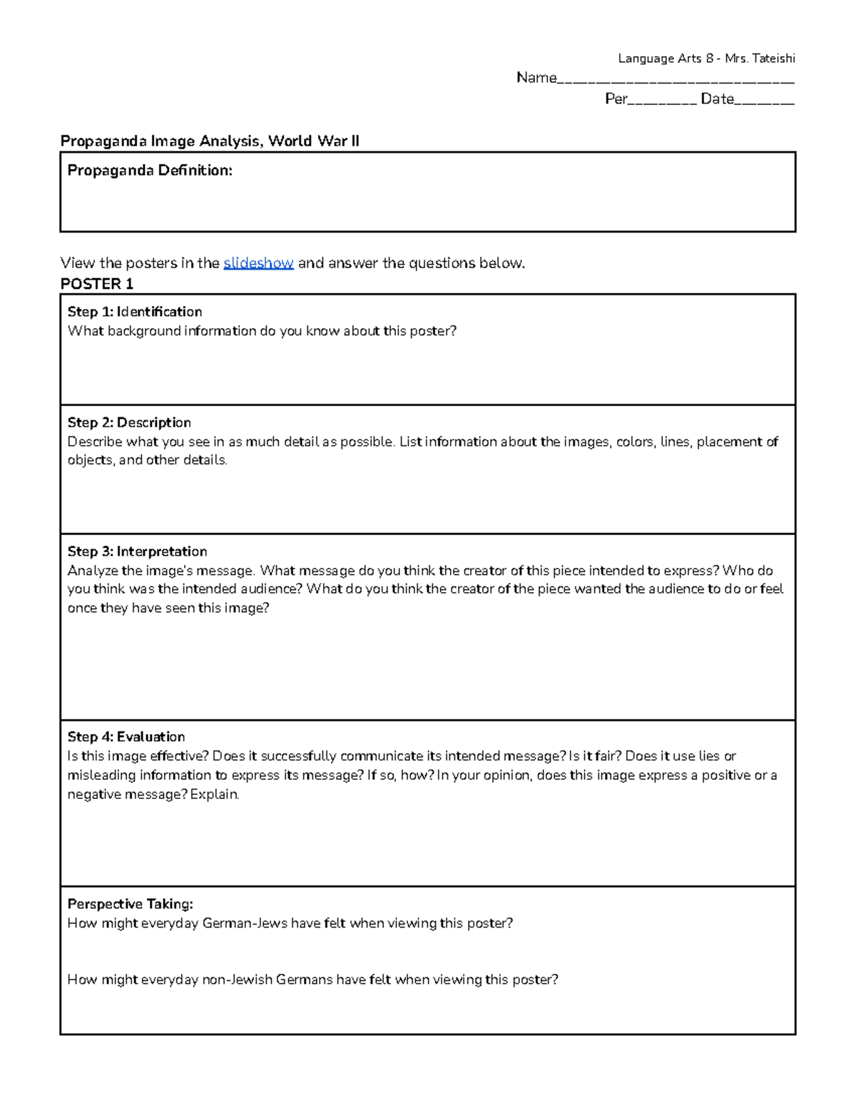 WWII Propaganda Image Analysis - Language Arts 8 - Mrs. Tateishi Name