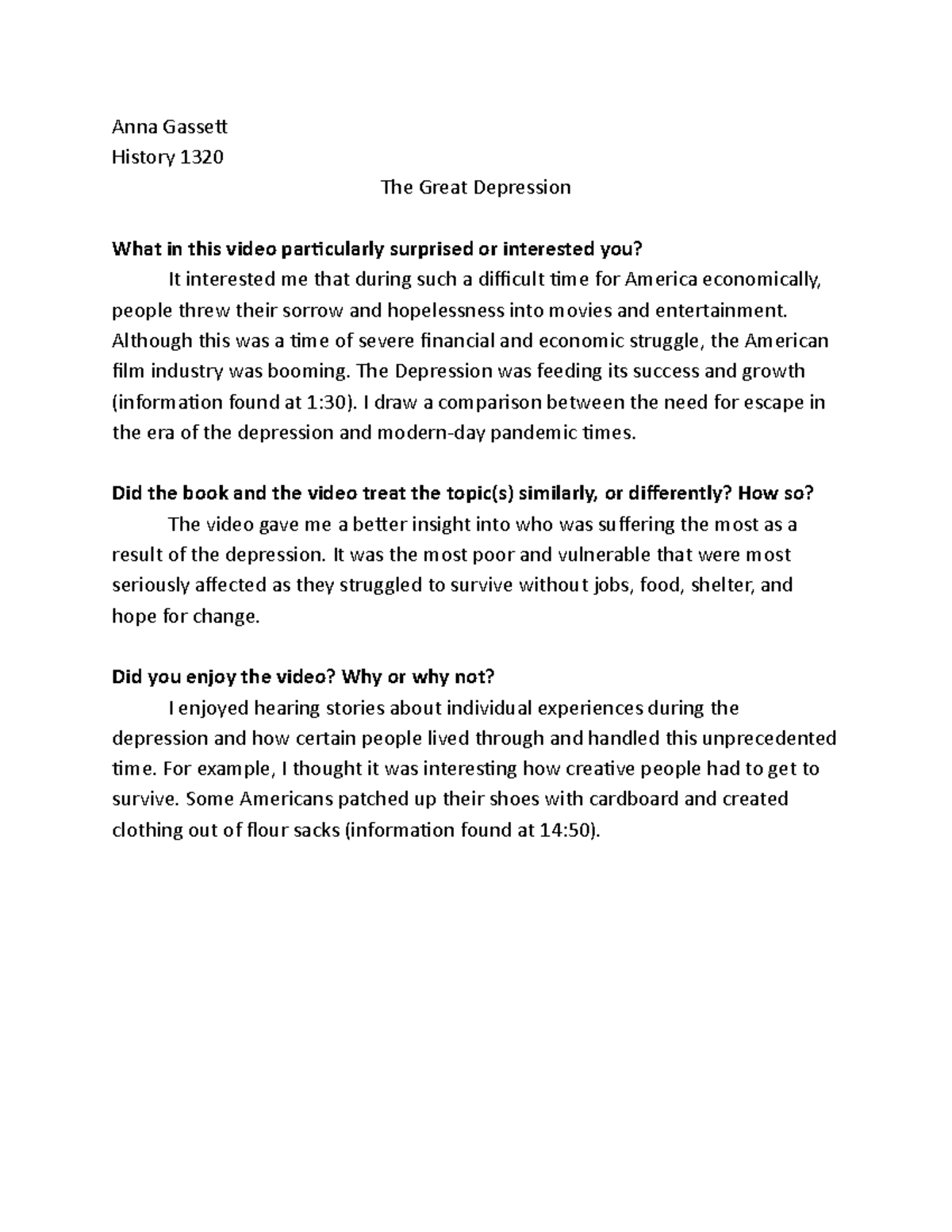 The Great Depression Questions - Anna Gasset History 1320 The Great ...