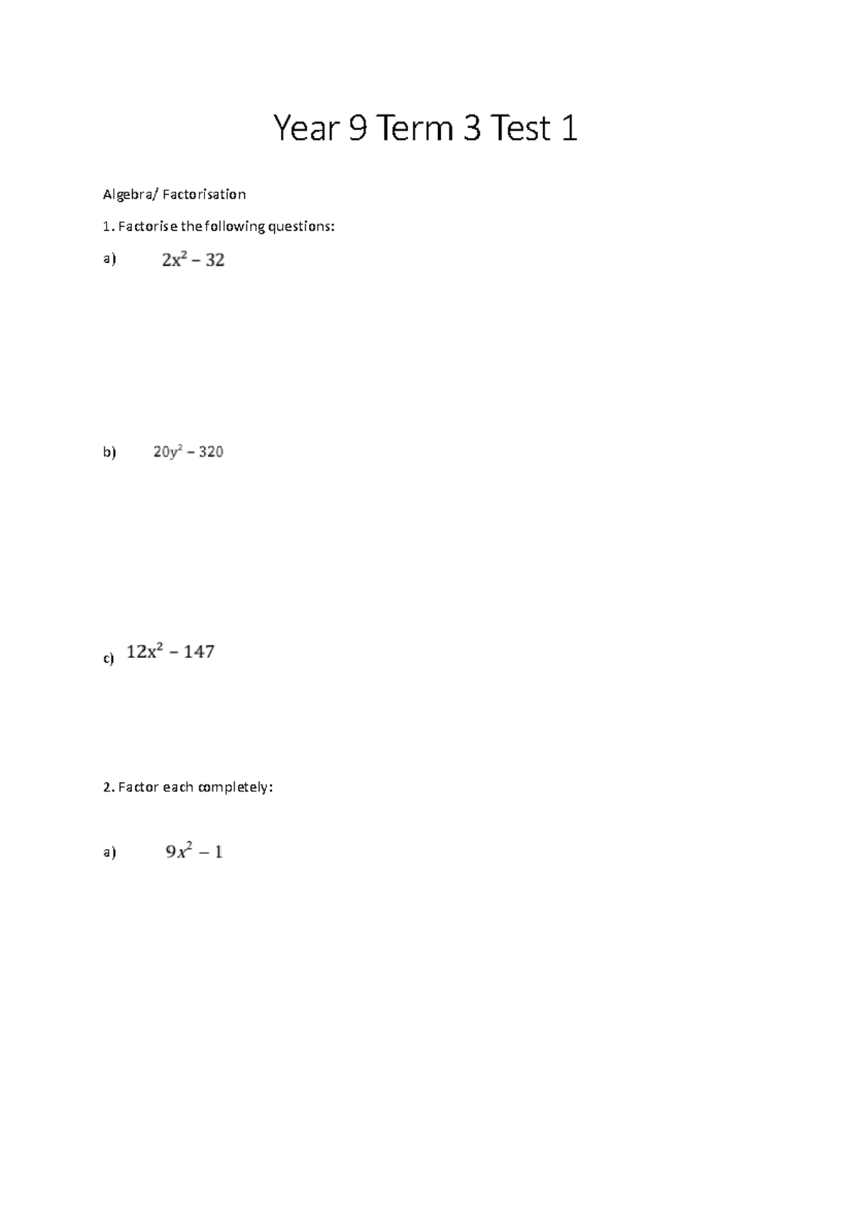 Year 9 Term 3 Test 1 - Algebra and Probability Practice Questions for ...