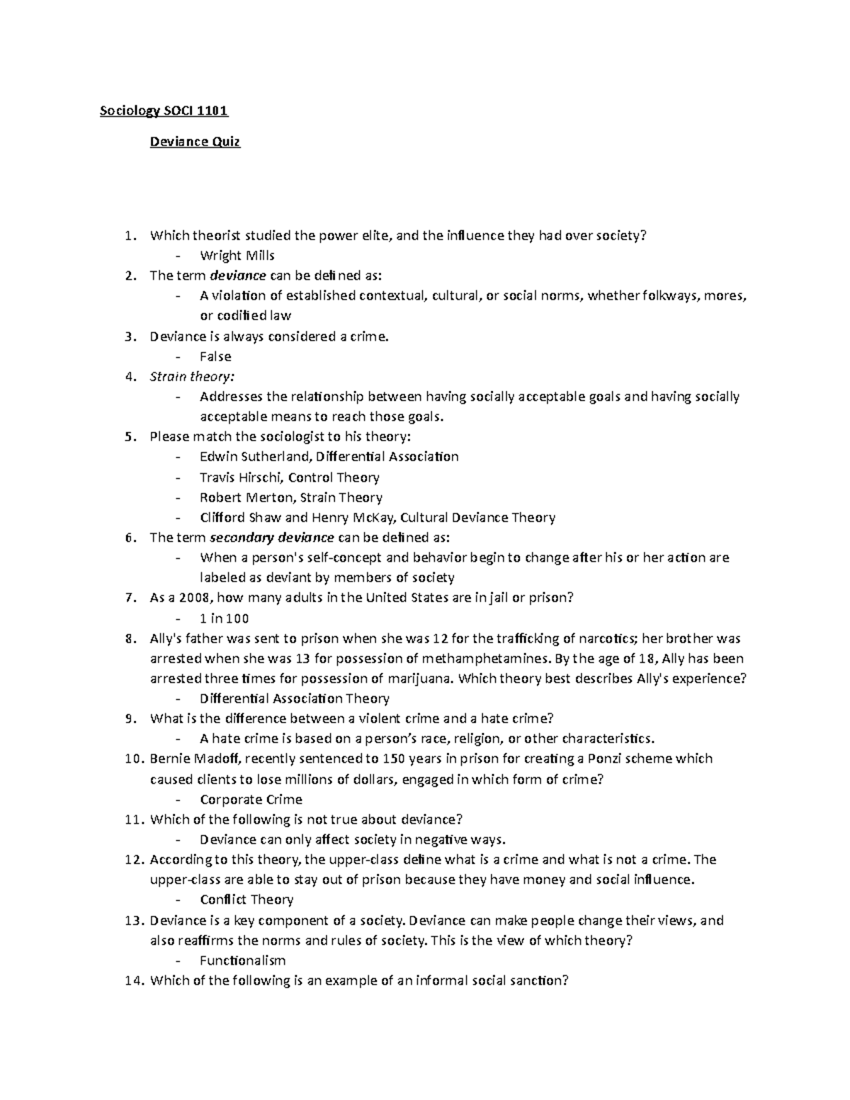 SOCI 1101 Sociology Deviance Quiz - Sociology SOCI 1101 Deviance Quiz ...