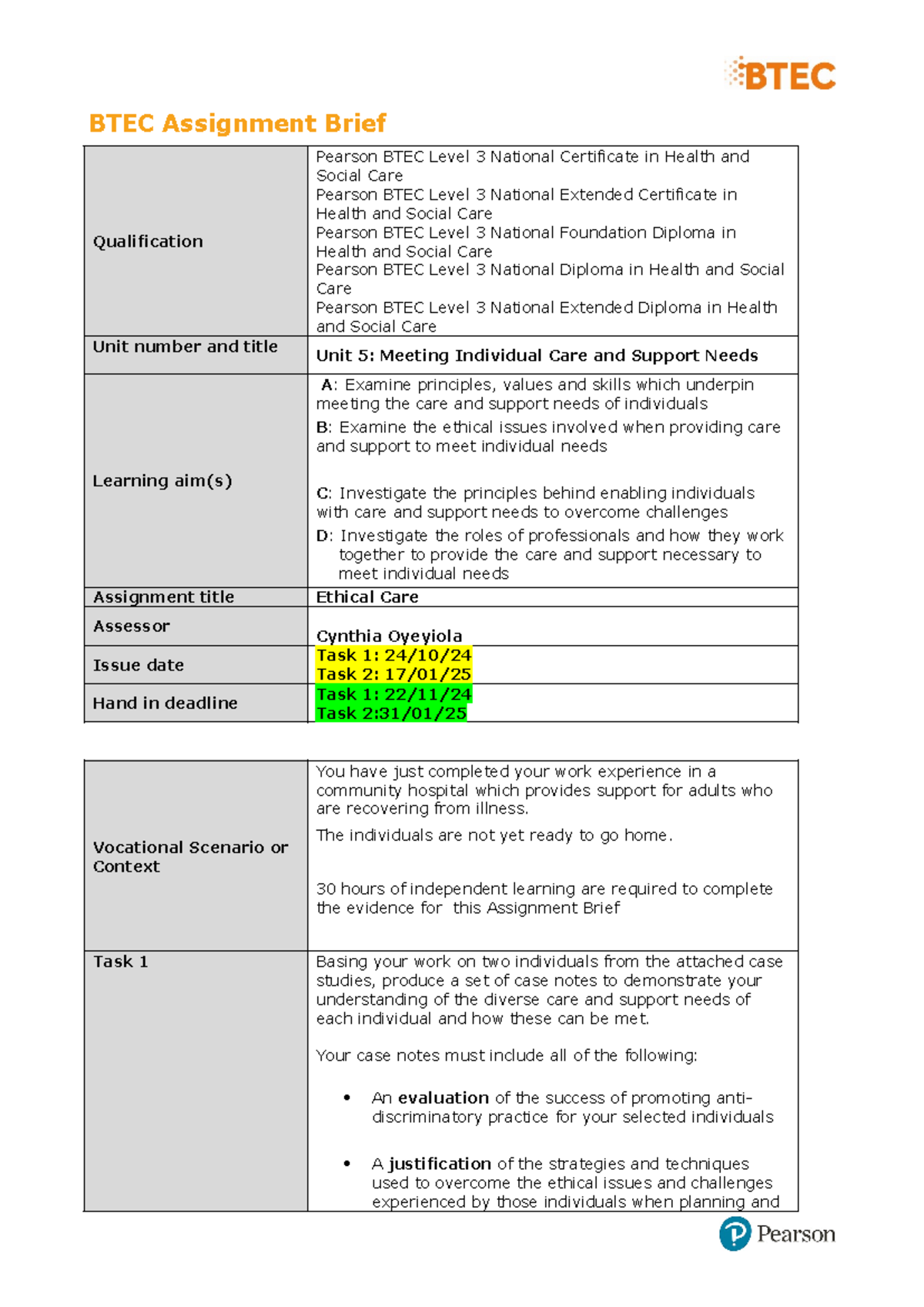 Assignment Brief Unit-5 Cyntia - BTEC Assignment Brief Qualification ...