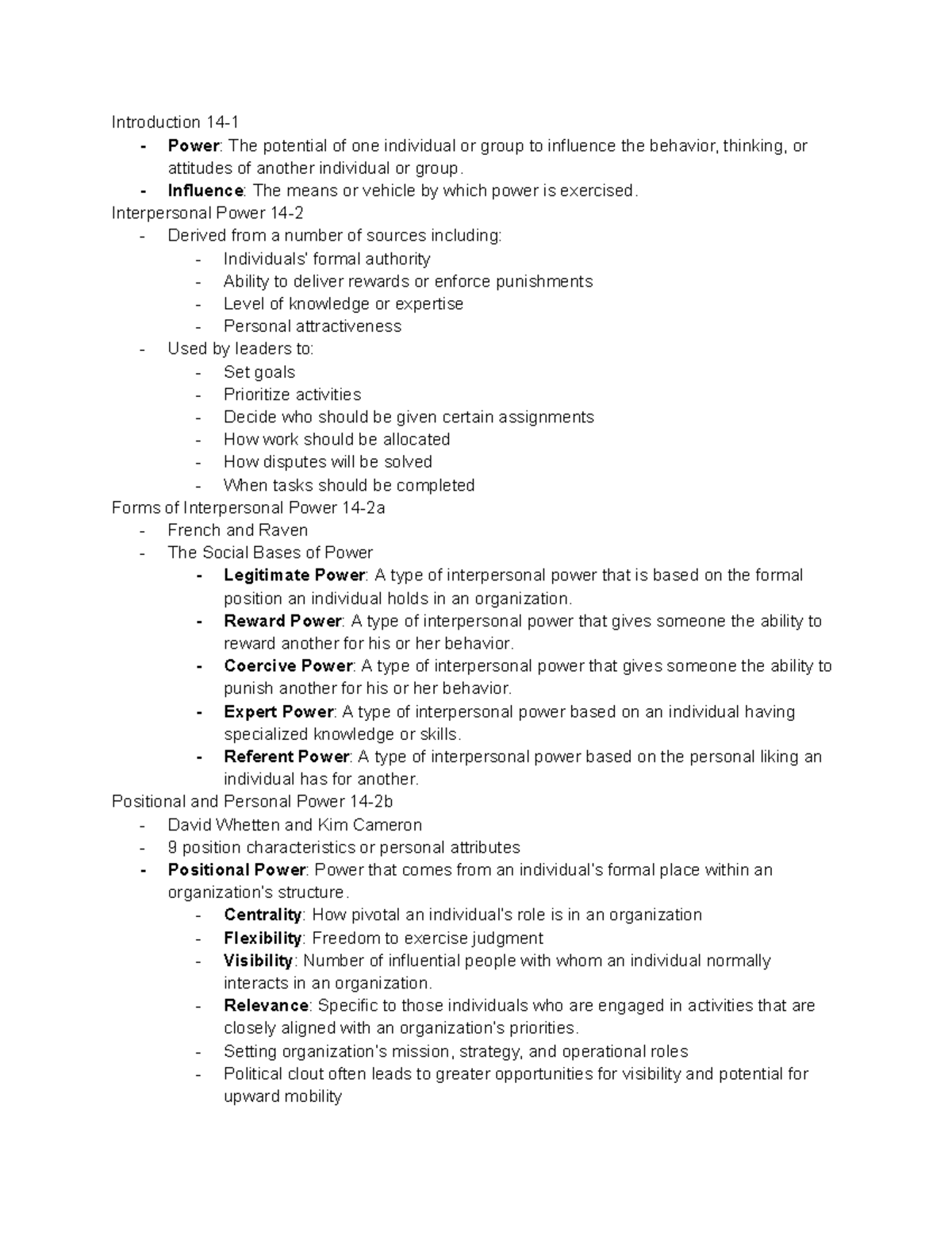 MGMT 310 Chapter 14 - Introduction 14- Power: The potential of one ...