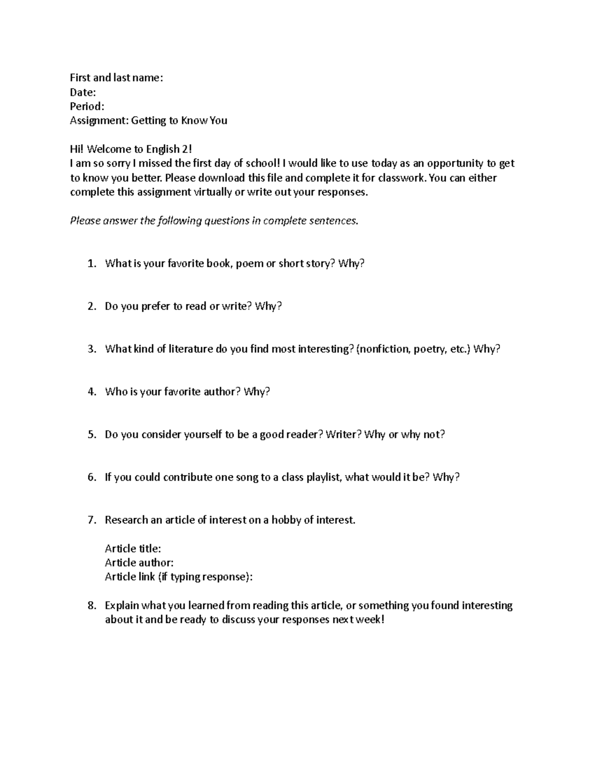 Getting to Know You Assignment - First and last name:Date: Period ...