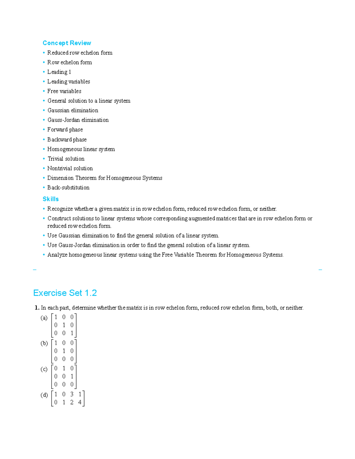 Exercise set 1.2 answer key - Concept Review Reduced row echelon form Row echelon form Leading 1 ...