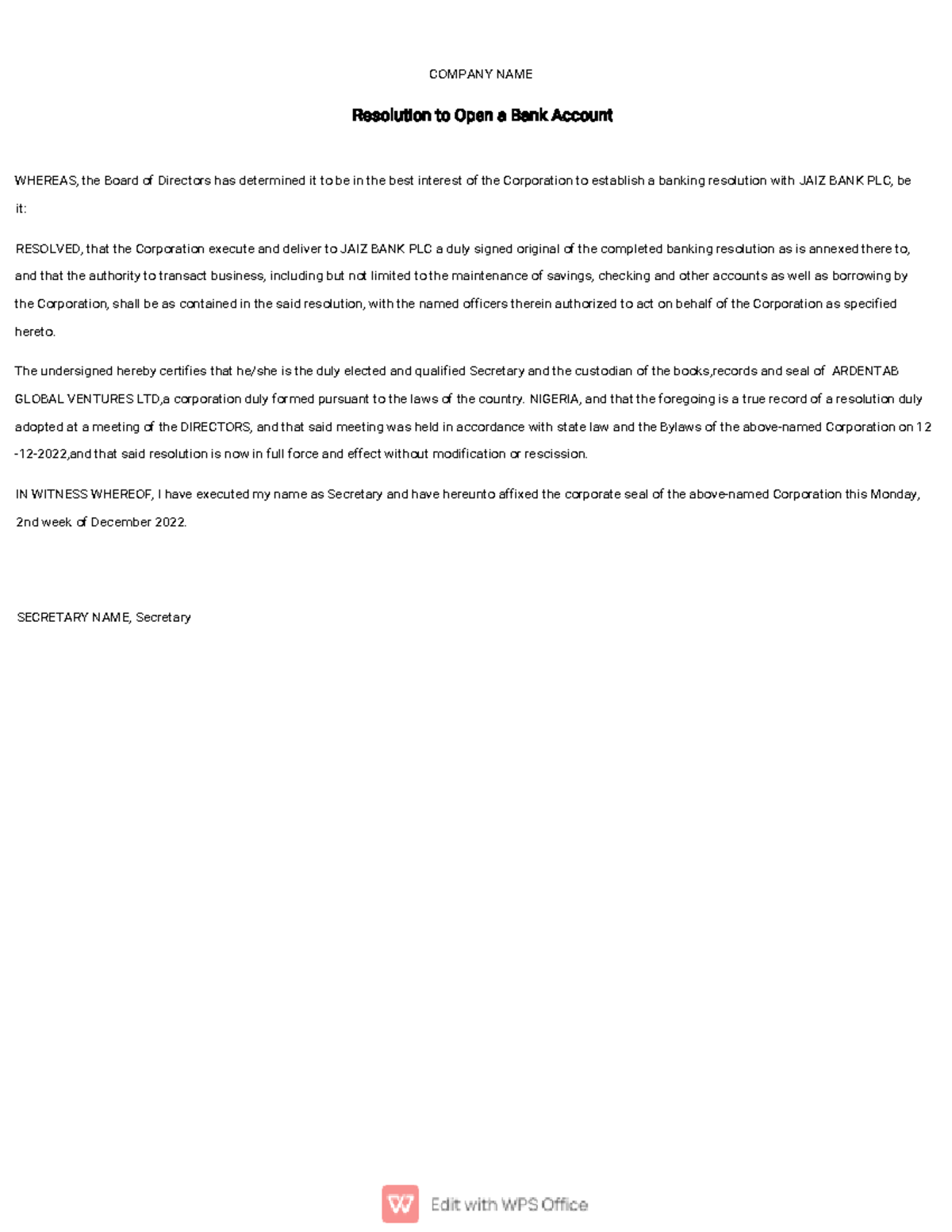 JAIZ BANK Resolution Letter - COMPANY NAME Resolution to Open a Bank ...