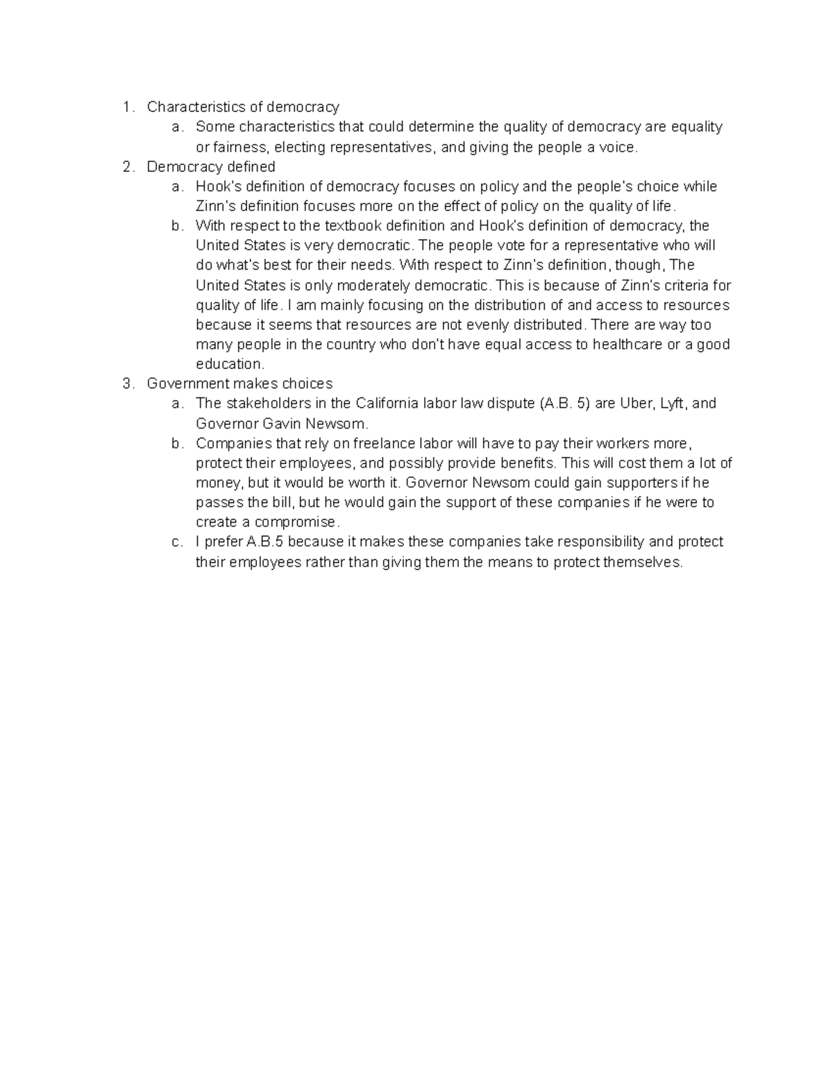 In-Class 9/7: Politics - Characteristics of democracy a. Some ...
