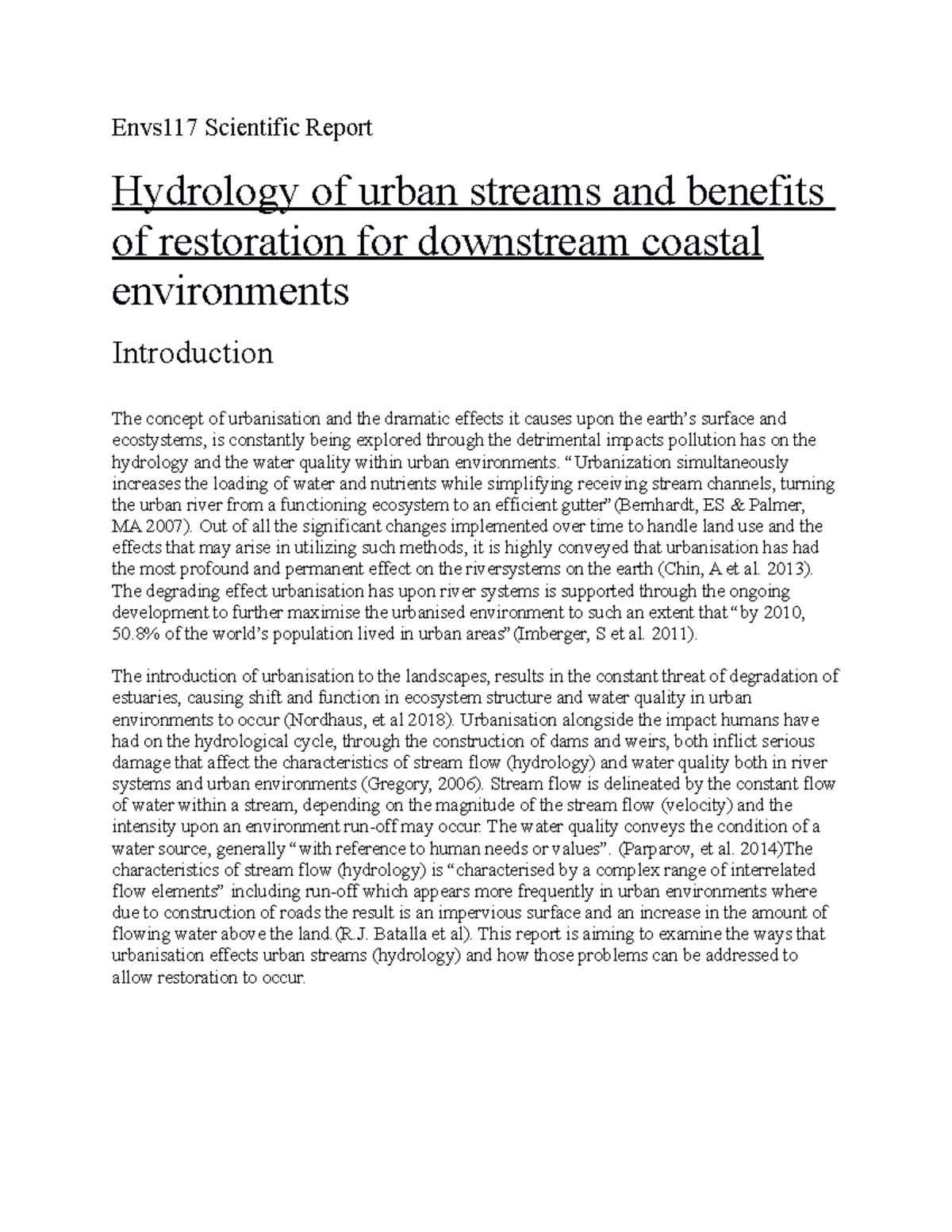 Envs117 Hydrology assessment - Envs117 Scientific Report Hydrology of ...