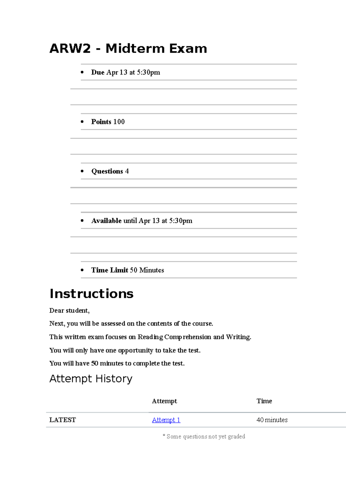 Lectura Midterm - ARW2 - Midterm Exam Due Apr 13 at 5:30pm Points 100 Questions 4 Available ...