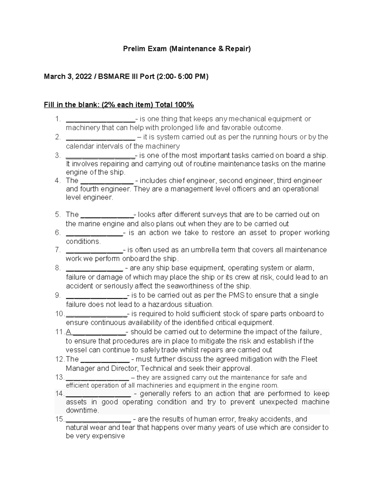 Prelim Exam ( Bsmare Port) - Prelim Exam (Maintenance & Repair) March 3 ...