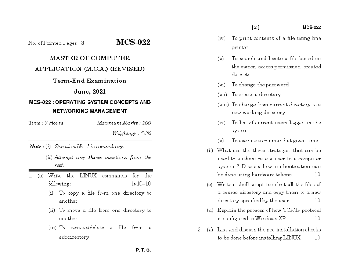 Mcs 022 1 Copy Notes P T O No Of Printed Pages 3 Mcs Master Of Computer