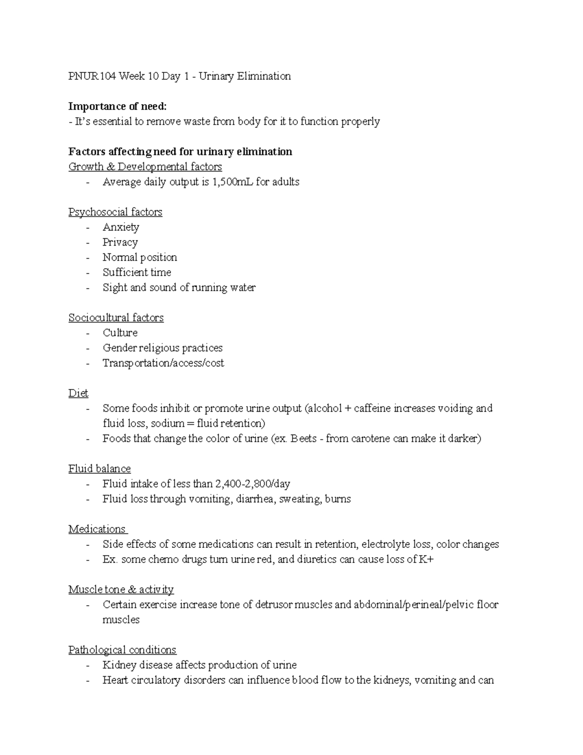 Week 10 Day 1 - Urinary Elimination - PNUR104 Week 10 Day 1 - Urinary ...