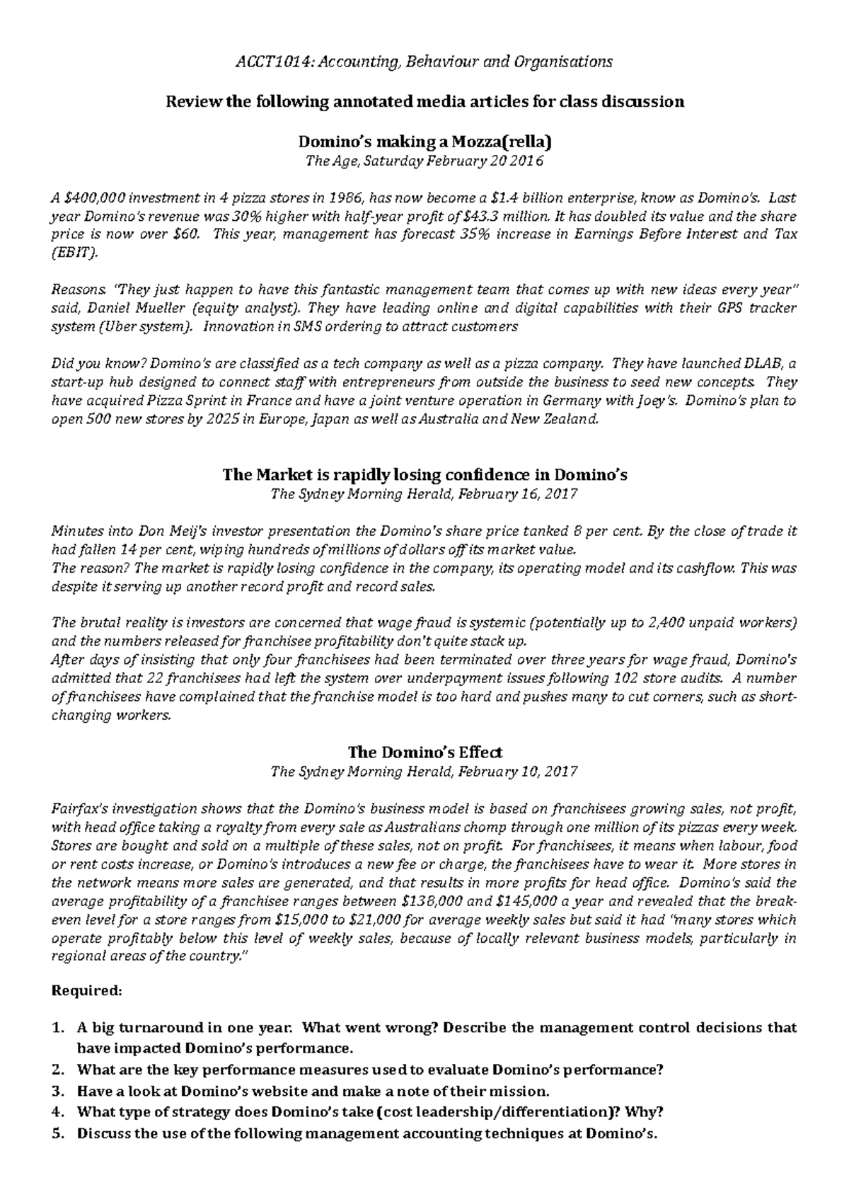 ACCT1014: Accounting Behaviour and Organisations Review - Studocu