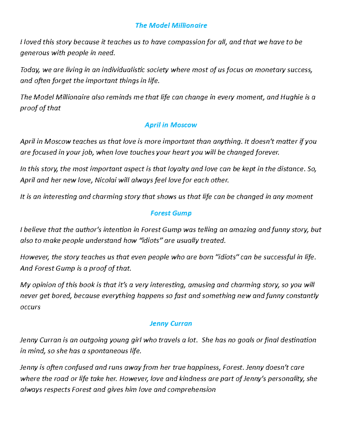 Personal conclusions on short stories - The Model Millionaire I loved ...