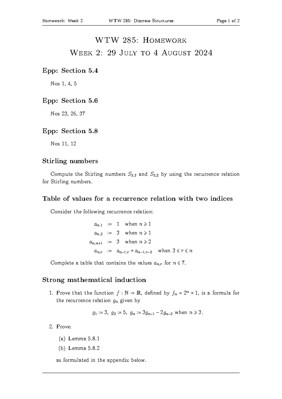 Homework W2 - Homework: Week 2 WTW 285: Discrete Structures Page 1 of 2 WTW 285: Homework Week 2 ...