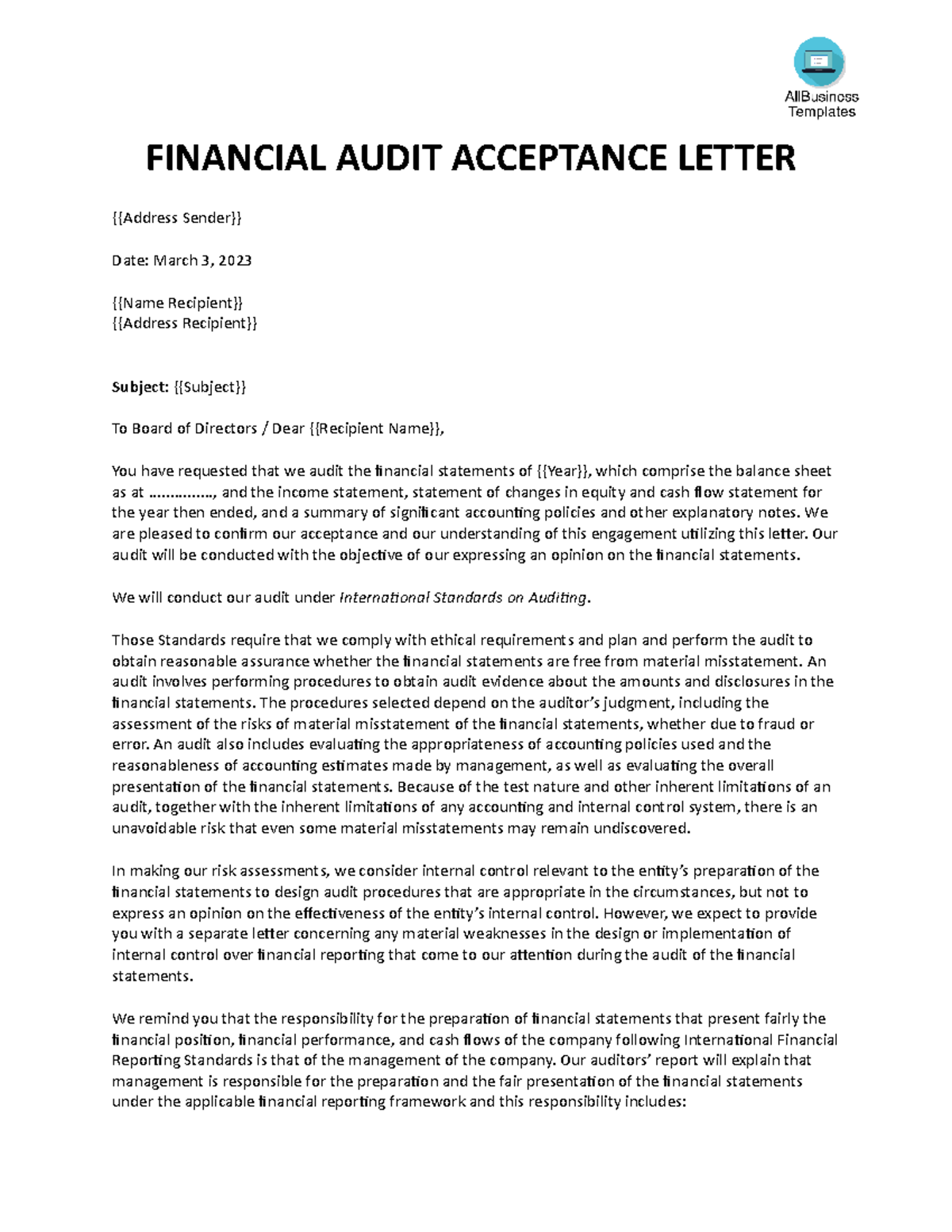 Audit acceptancce letter - FINANCIAL AUDIT ACCEPTANCE LETTER {{Address ...
